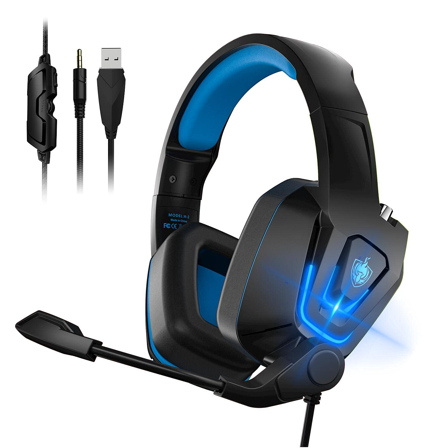 YOTMS Stereo Gaming Headset for PC PS4 PC PS5 Controller, Noise Cancelling Over Ear Headphones with Mic, LED Light, Bass Surround, Soft Memory Earmuffs for Laptop Mac (Blue)