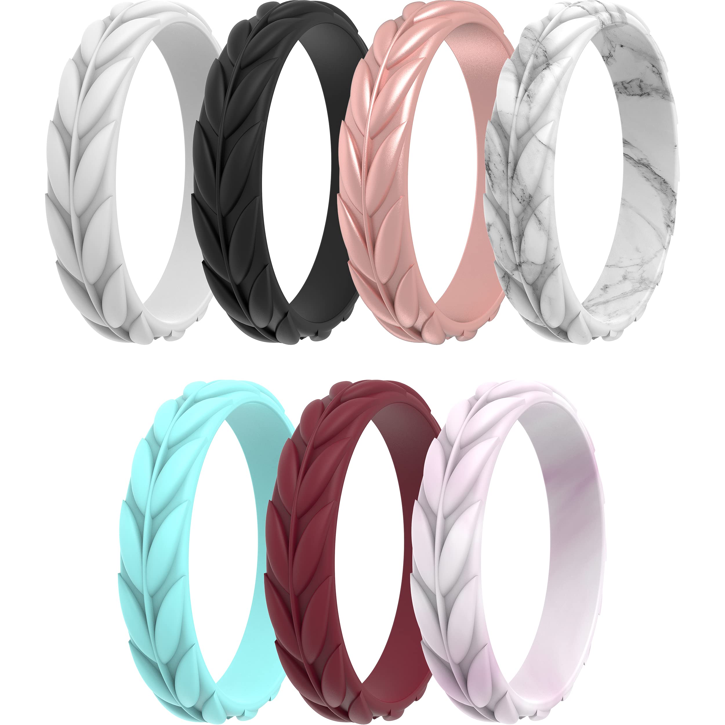 ThunderFit Silicone Wedding Rings for Women, Leaf Design Rubber Engagement Bands 5.2mm Wide 2mm Thick - 1/4/7 Variety Multipack (Pack L - Size 4.5-5 (15.7mm))