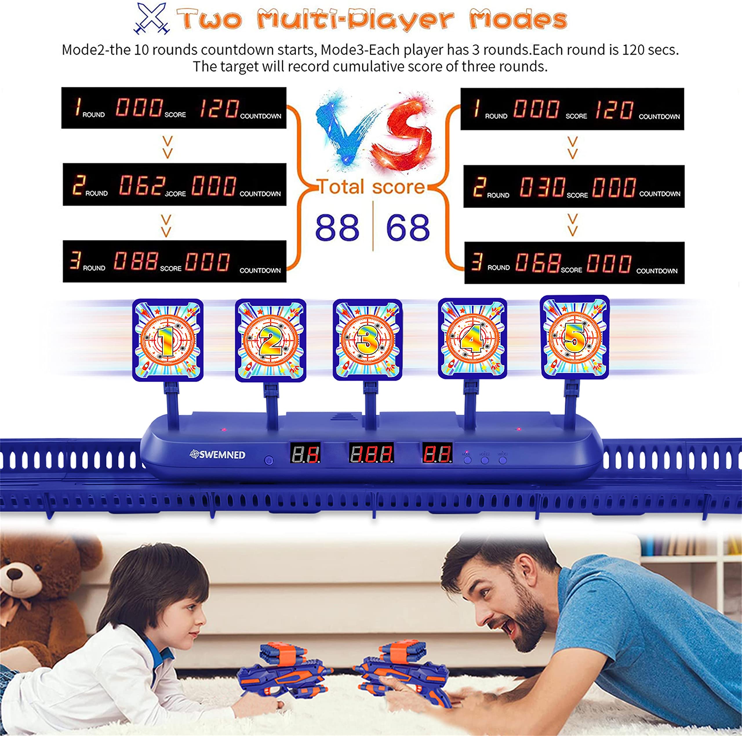 SWEMNED Running Shooting Targets for Nerf Gun Practice,Upgrade 5 Targets Auto Reset /3 Game Mode Electronic Scoring Digital Moving Target, Ideal Gift Toy for Age 6,7,8,9,10,12,13+ Year Old Kid/Boys
