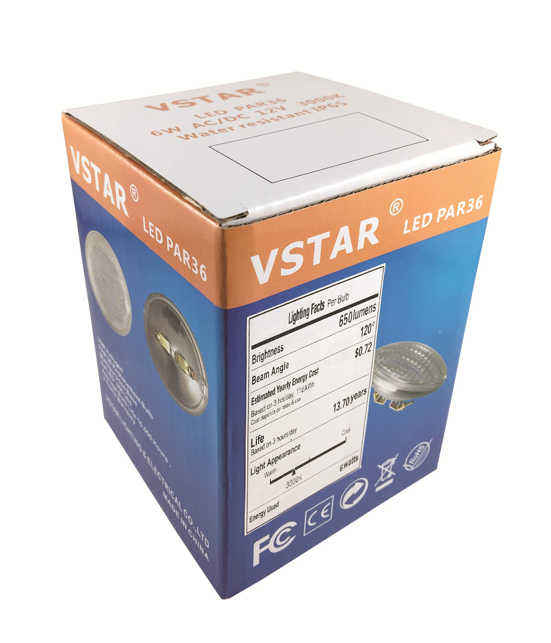 VSTAR LED PAR36 Bulb 6W 650-750lm(35W Halogen Equivalent),3000K Warm White,Water Resistant,Non-dimmable,4 Pack