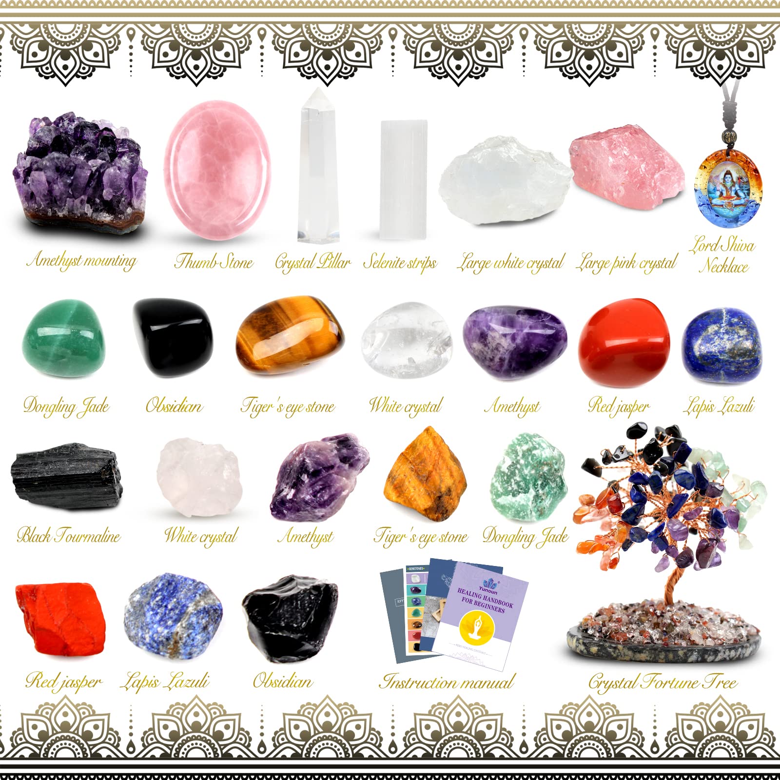 Yunoun Natural Healing Crystals and Chakra Stones Set with Amethyst Cluster, Thumb Worry Stone,Selenite,Pink Crystal Tree, Tourmaline,Large Rose and White Crystal for Cleaning Healing Energy,Reiki