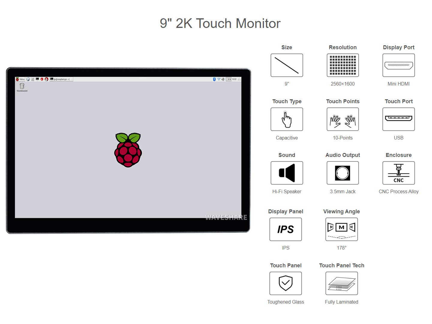 Waveshare 9inch Capacitive Touch Monitor Mini HDMI Port 2560×1600 2K Resolution IPS Screen Fully Laminated Toughened Glass Panel Various Systems and Devices