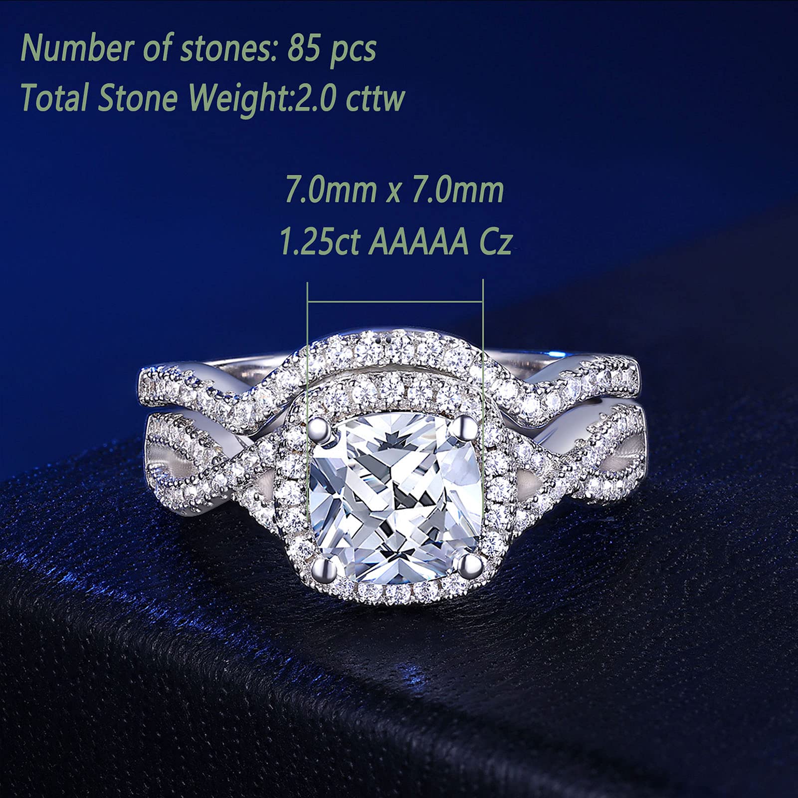 Wuziwen 2 Carat Wedding Ring Bridal Set for Women 925 Sterling Silver Cushion Cubic Zirconia Size 5
