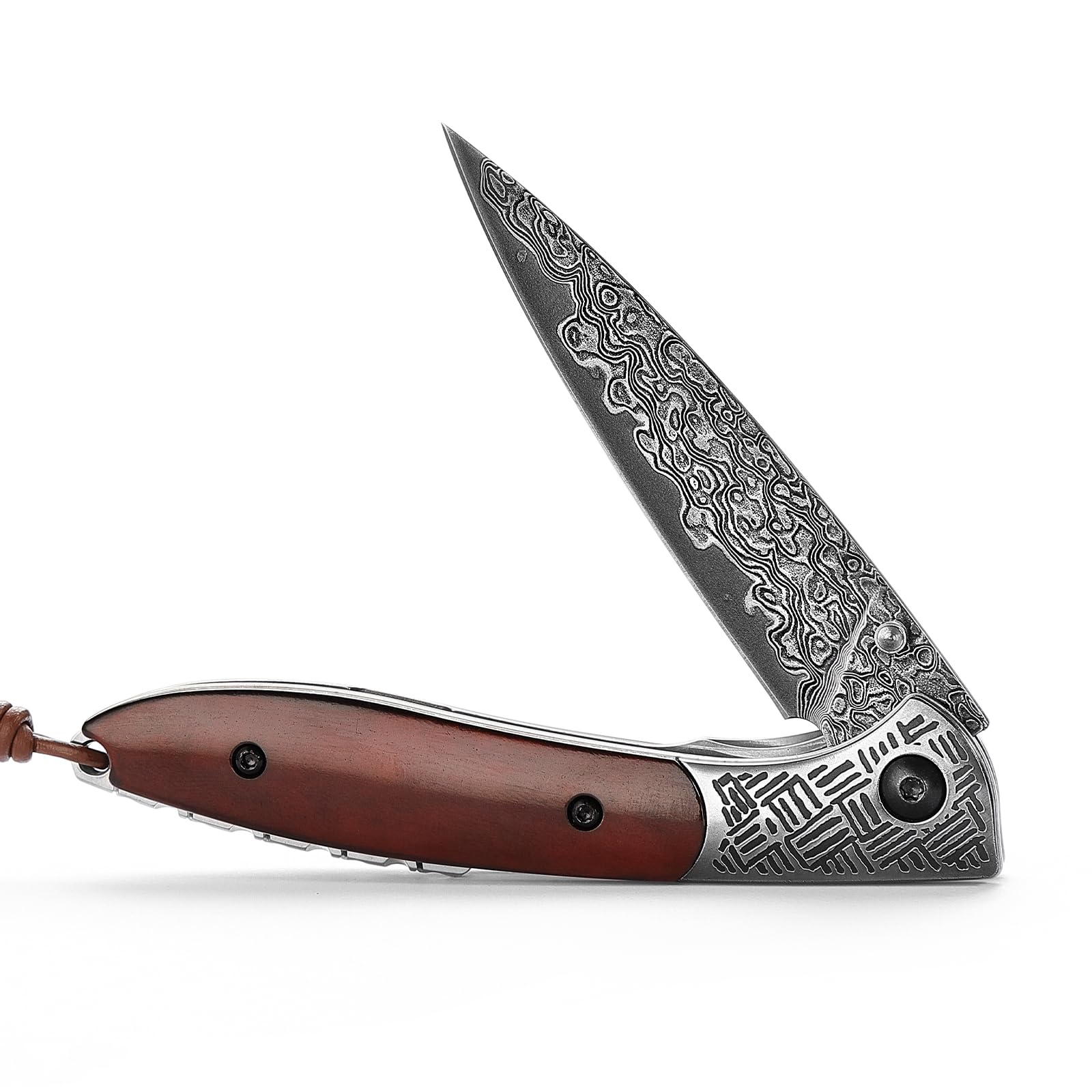 TRIVISA 3.15" Handmade Damascus Folding Pocket Knife,EDC Knives Gift for Men,Brown Bone Handle,Ceramic Bearings,Thumb Stud, Steel Bolster, Liner Lock.Piscis Austrinus-02B