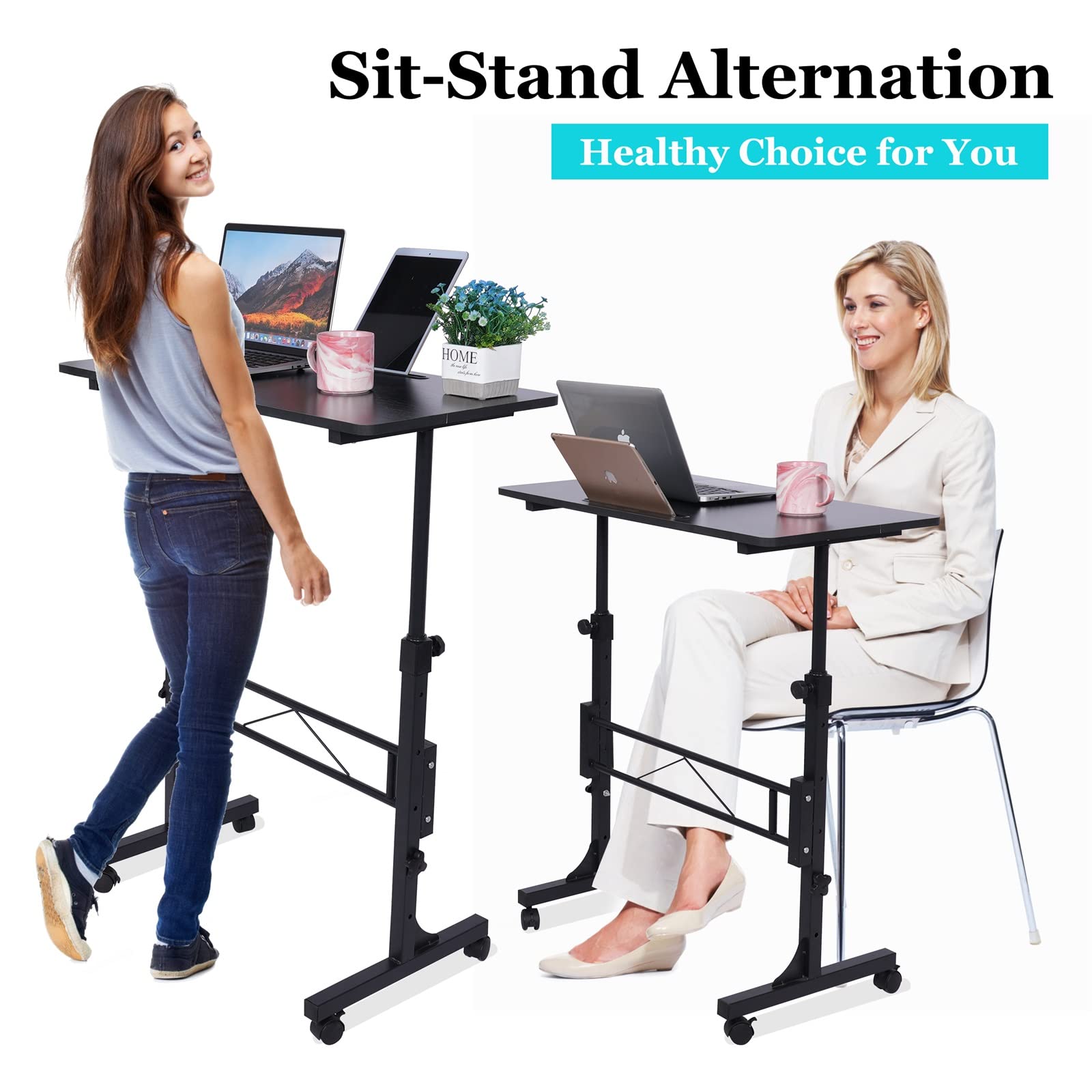 Standing Desk Adjustable Height, Mobile Stand Up Desk with Wheels Small Computer Desk Rolling Desk, Portable Laptop Desk Standing Table Sit Stand Home Office Desks 16"x31.5" Height 27"-43.5"
