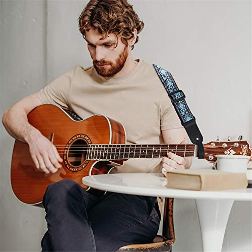 tifanso Guitar Strap Jacquard Weave Guitar Strap with Leather Ends - Soft Adjustable Acoustic Guitar Strap for Electric Bass, Come With Strap Button, 1 Pair Strap Locks and 3 Guitar Picks