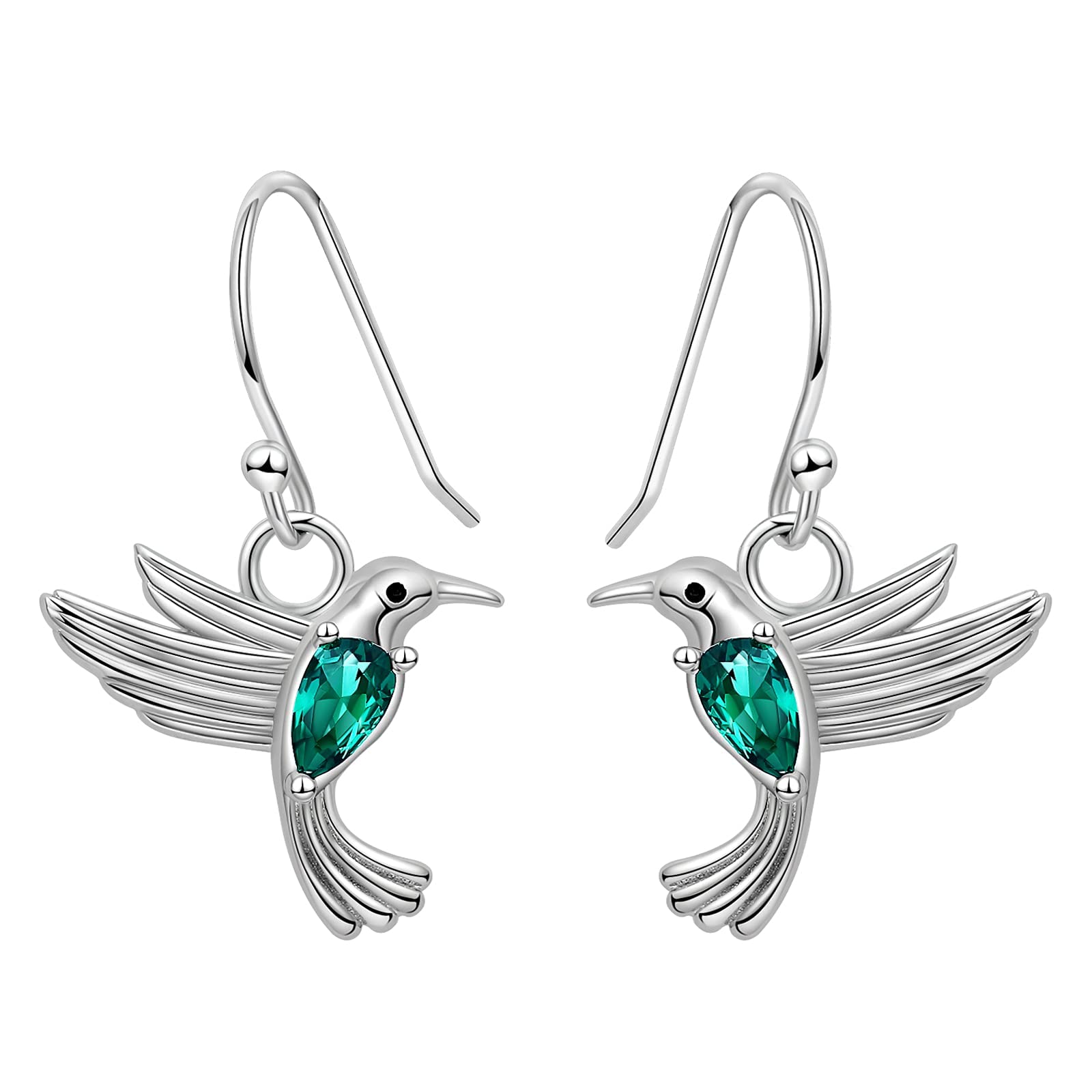 WOUOVO S925 Hummingbird Drop-Dangle Earrings - Waterdrop Flower Bird Eearring with Green Spinel Crystal Stone Mothers day Gifts for Mom and daughter (Green CZ hummingbird)