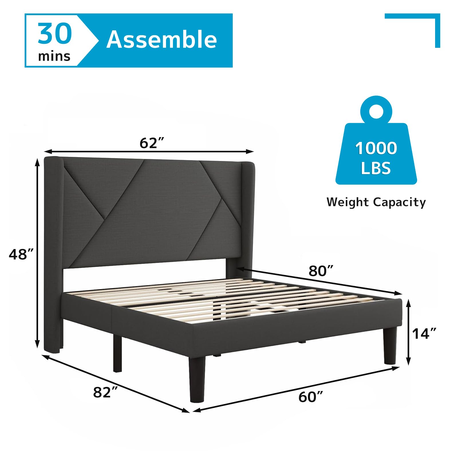 wOod-it King Size Upholstered Platform Bed Frame with Fabric Wingback Headboard/12 Solid Wooden Slats/Non-Slip and Noise-Free/No Box Spring Needed/Easy Assembly (Dark Grey)