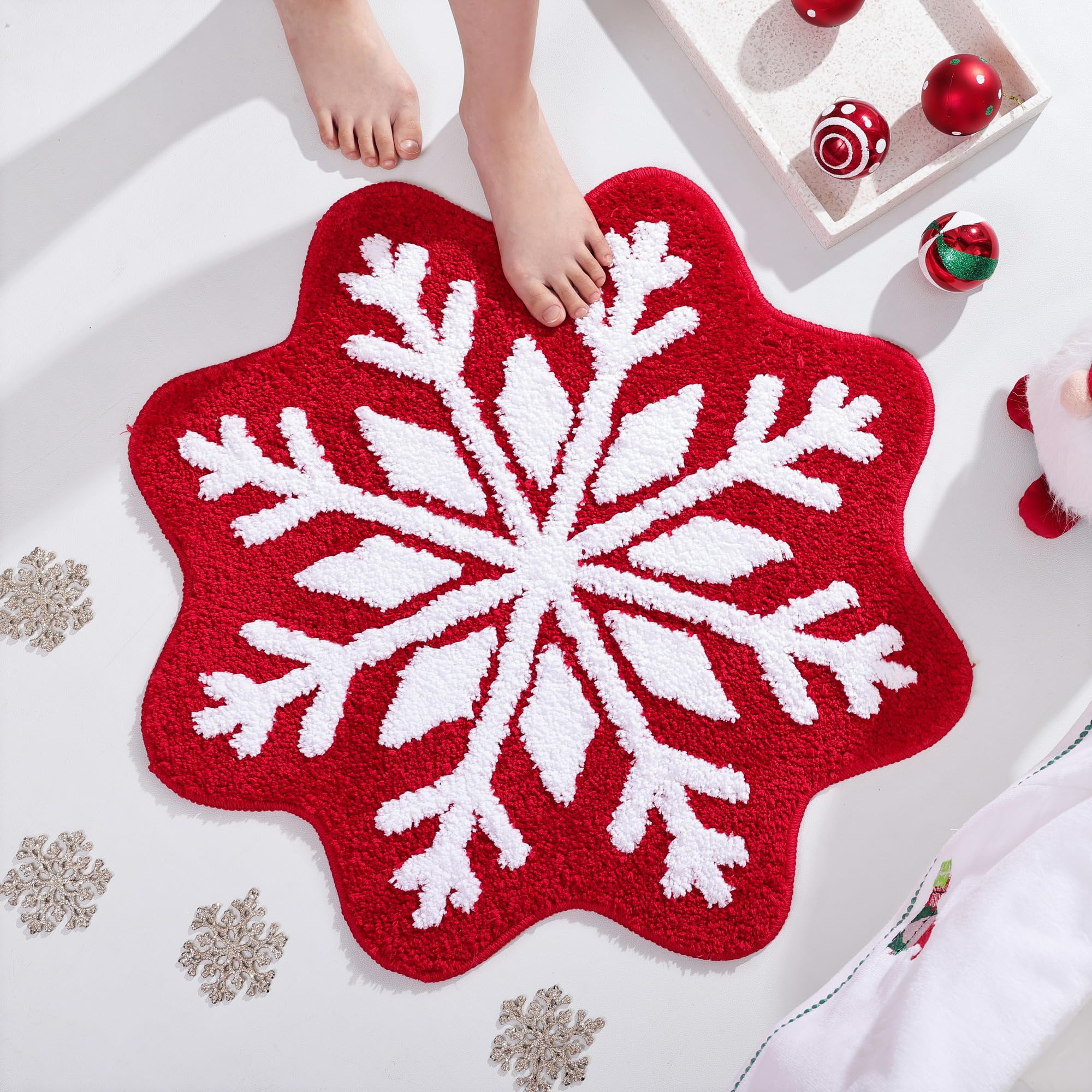 TRUEDAYS Red Christmas Decor Snowflake Bathroom Rug, Snowflake Welcome Mat Non Slip Round Shaped Washable Bathtub Rug Bathroom Tub Kitchen Rug Decoration