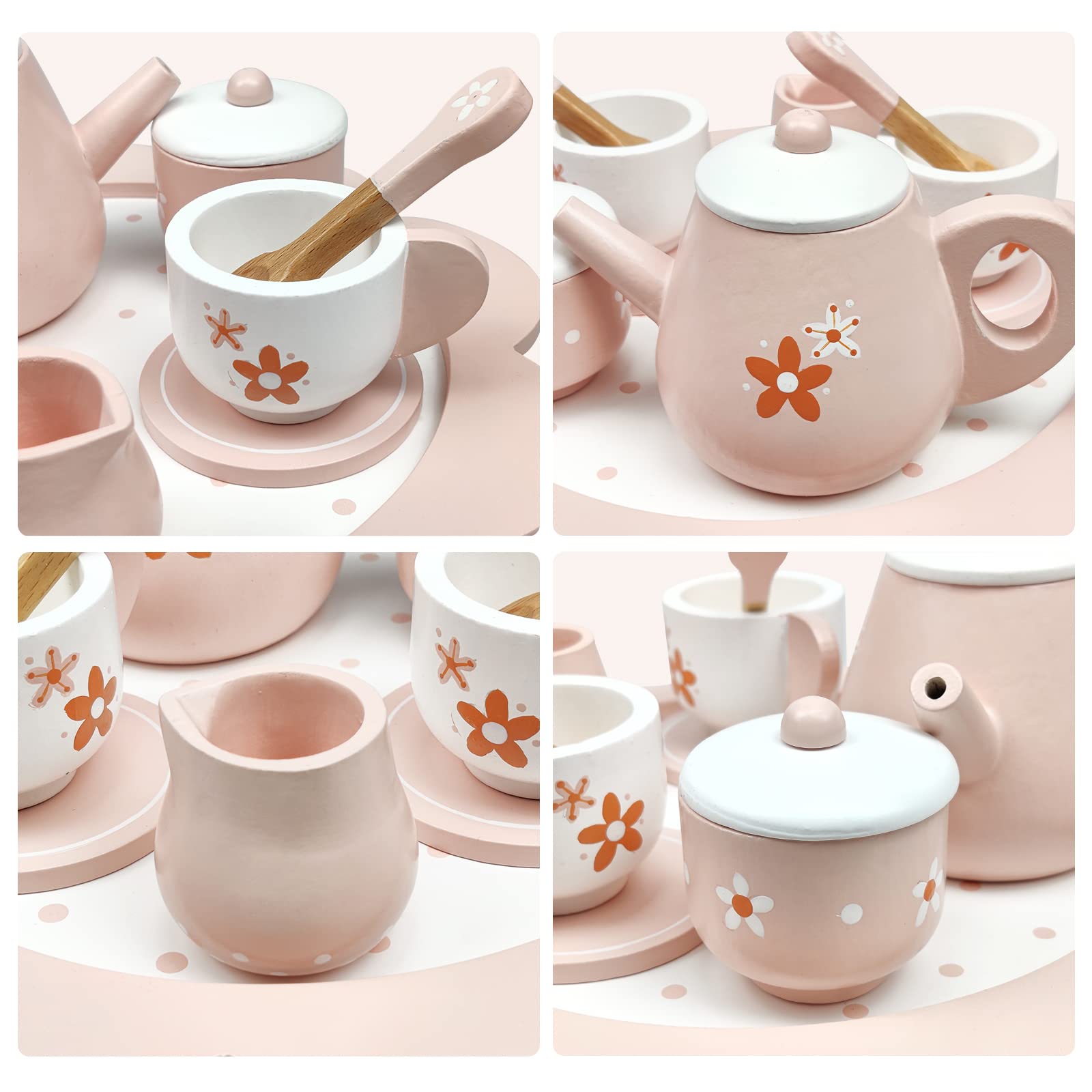 Wooden Afternoon Tea Set Toys for Toddlers Realistic Teapot Cups Carrying Tray Scoops Pretend Play Learning Role Play 12 pcs Pink Gift for Kids