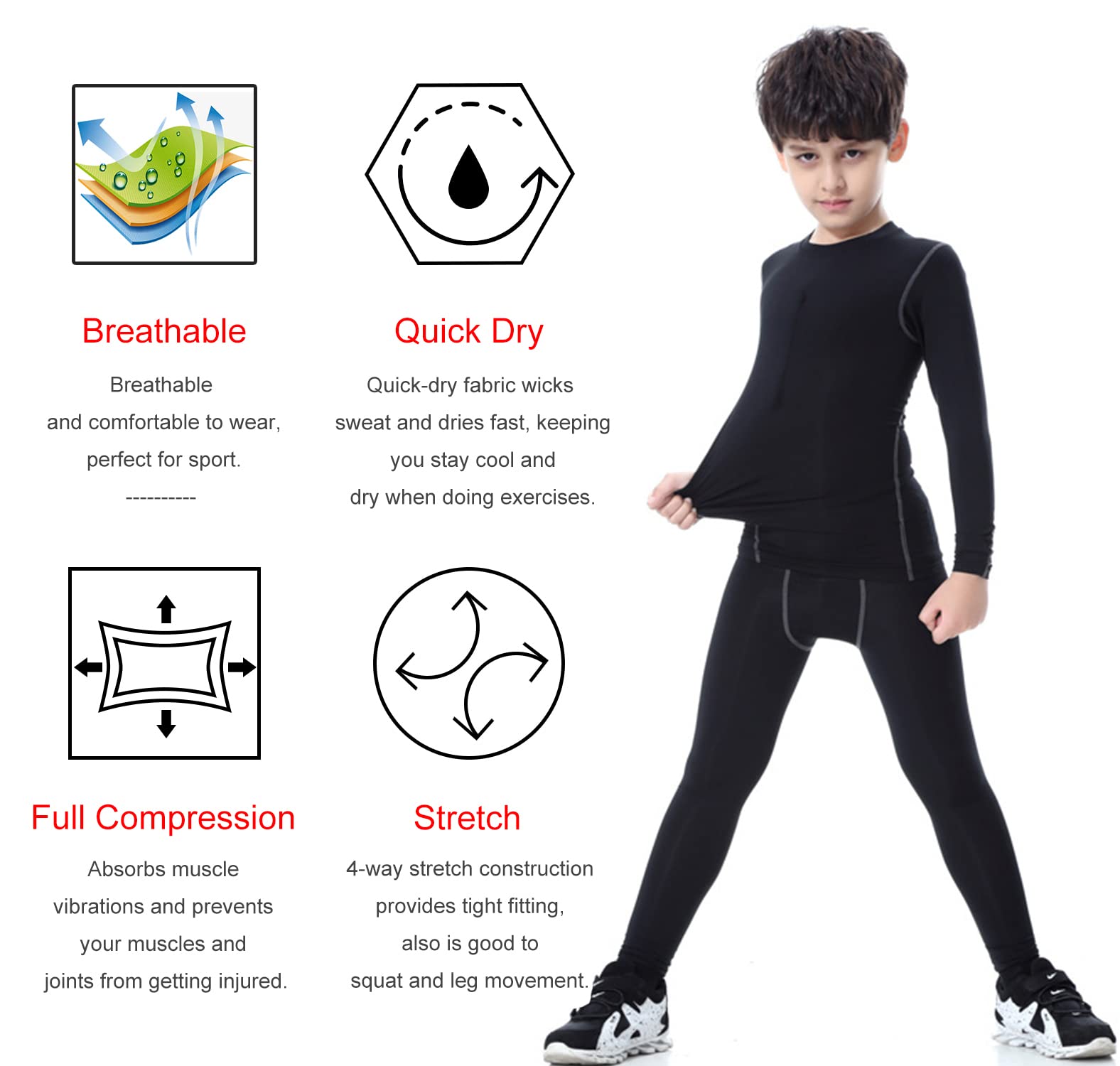SANKE Boys Soccer Practice Long Sleeve Shirt & Pants 2PCS Compression Set, Black, 10