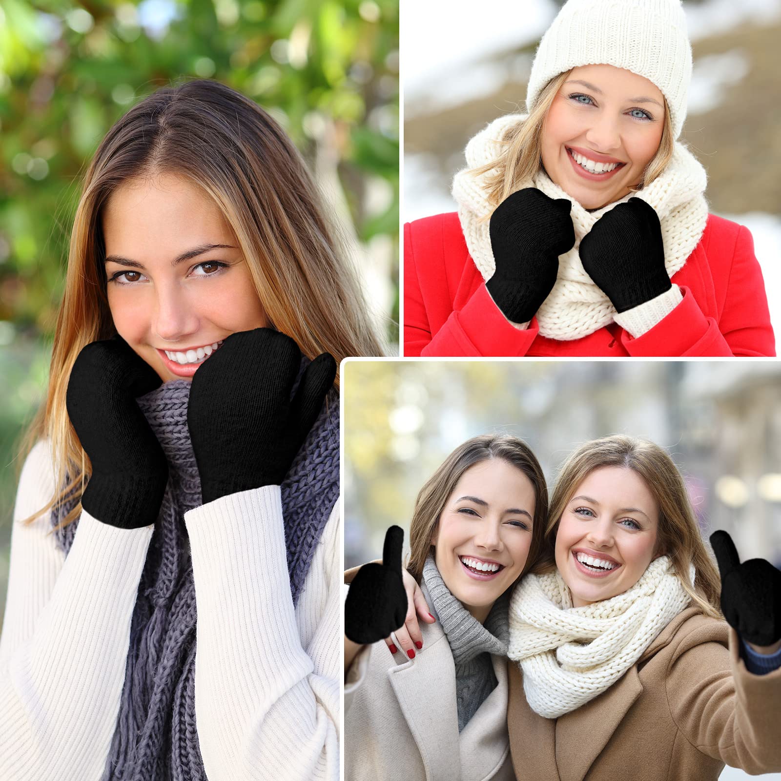 Zhehao Women Knitted Mittens Winter Warm Gloves Solid Color Hand Warmer for Indoor Outdoor Activities (Black)