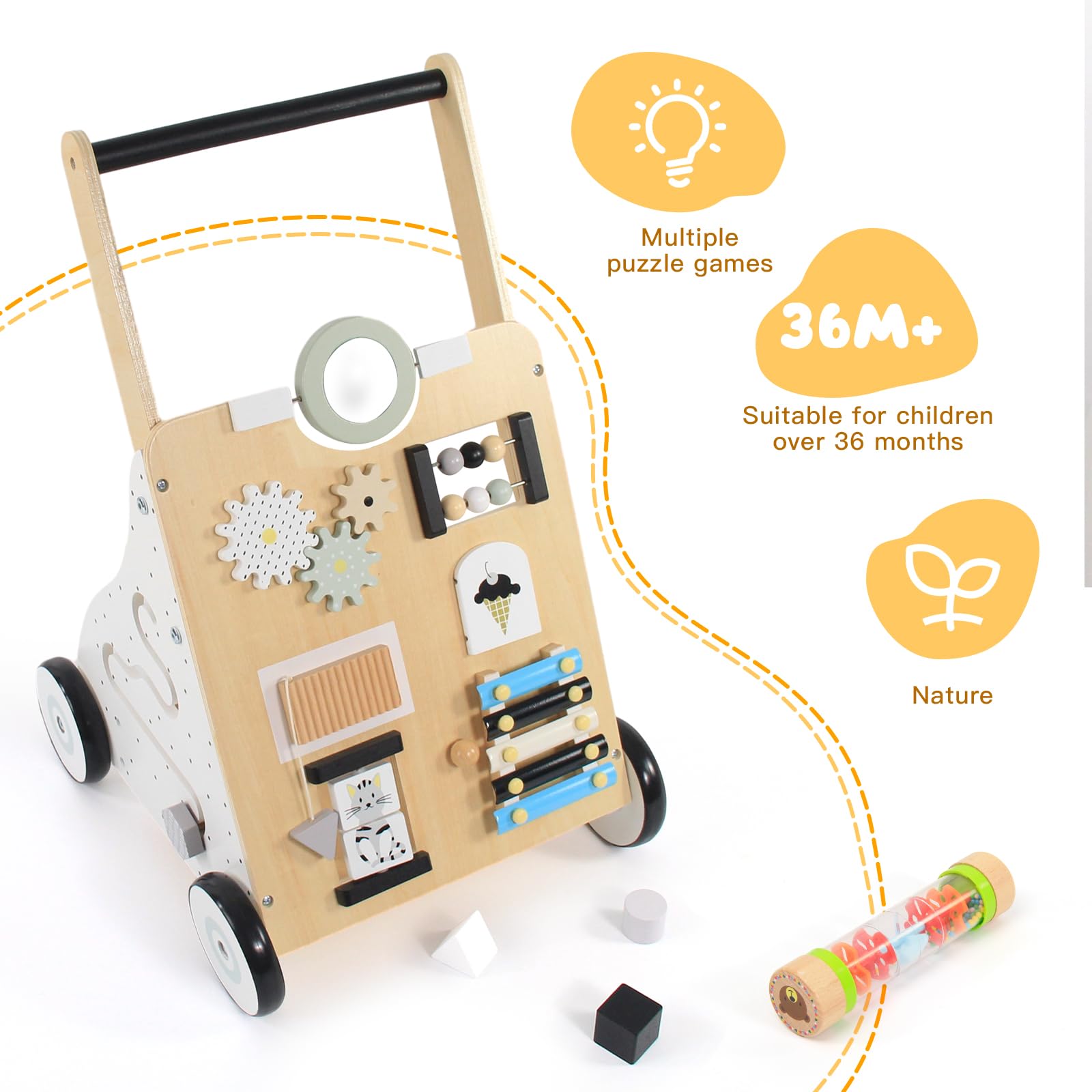 Wooden Baby Walker - Push Walker Toy for Babies-Multiple Activities Center β Assembly Required β Develops Motor Skills & Stimulates Creativity