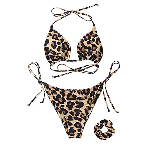 SUUKSESS Women String Triangle Bikini Sets Tie Side Thong Sexy Halter Swimsuits 2 Pieces (Cheetah, S)