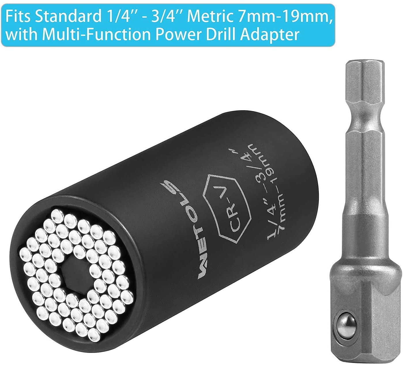 WETOLS Universal Socket, Grip Socket Set Fits Standard 1/4'' - 3/4'' Metric 7mm-19mm, with Multi-Function Power Drill Adapter, for Men Father Dad Husband, WE-883