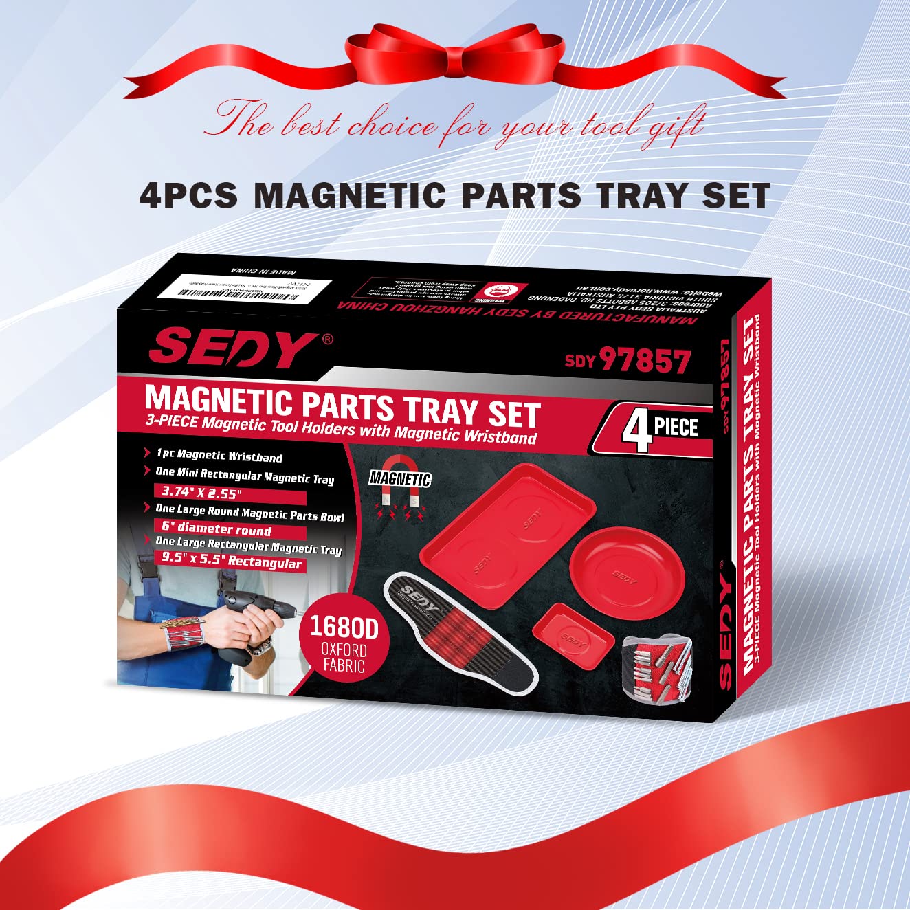 SEDY 4-Piece Large Magnetic Parts Trays Set, Nut & Screw Tools Parts Tray Holder Tool Organizer Set, 9.5" x 5.5" rectangular / 6" diameter round / 3.74" x 2.55" mini
