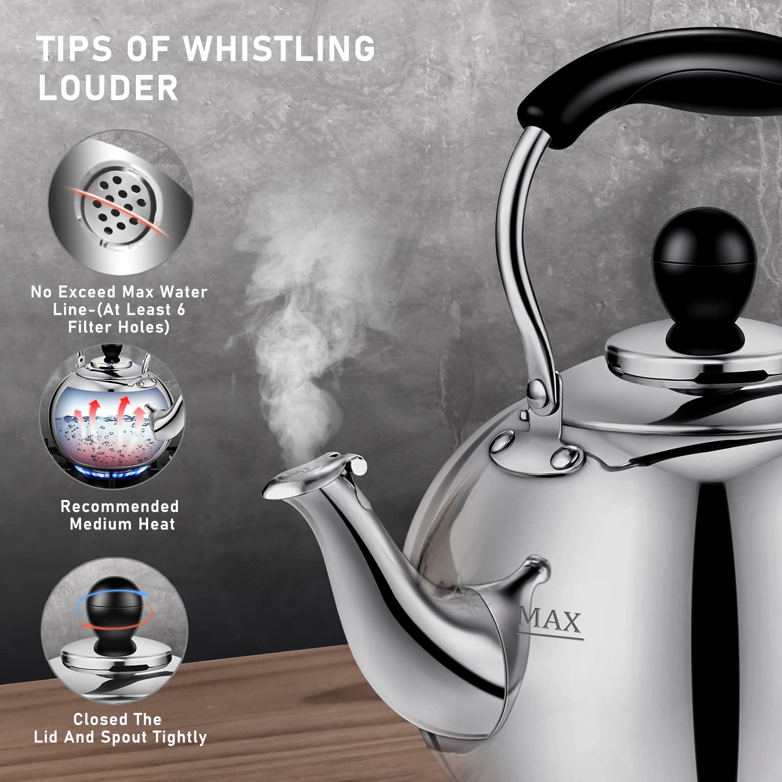 Stove Top Whistling Tea Kettle - 2.64 Quart Tea Kettle, Vintage Tea Pots,Triple Layer Stainless Steel Teapots for Stove Top,Universal Base for Induction Gas | Halogen | Radiant