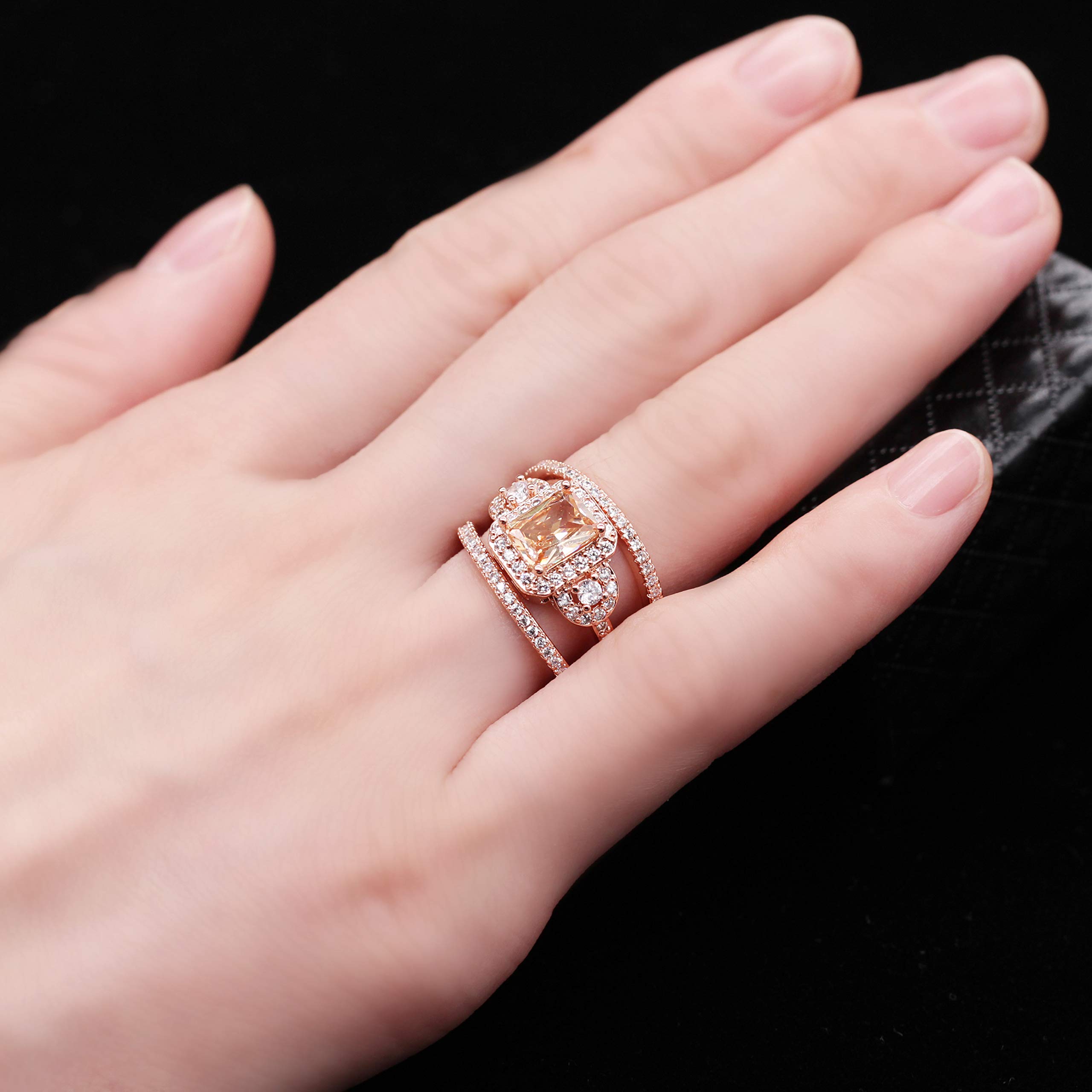 Uloveido 3pcs Stackable Bridal Rings Set Rose Gold Plated, 3-Stone Emerald Cut Champagne Yellow CZ Solitaire Accent Engagement Wedding Bands for Women (Size 8) Y434