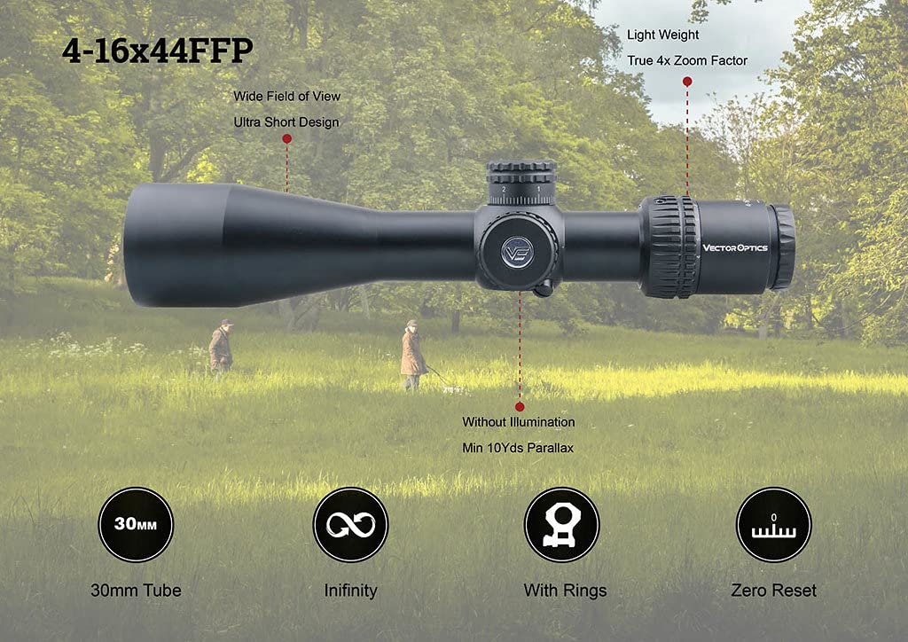 Vector Optics Veyron 4-16x44mm, 1/10 MIL, 30mm Tube, Red Illuminated First Focal Plane (FFP) Ultra Short Riflescope