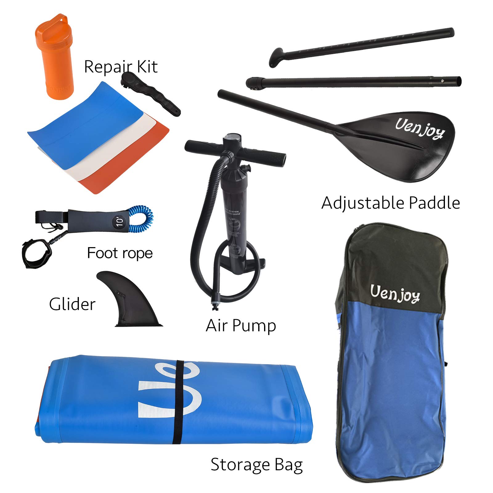 Uenjoy 11' Inflatable Stand Up Paddle Board (6 Inches Thick) Non-Slip Deck Adjustable Paddle Backpack,Pump, Repairing kit, Blue