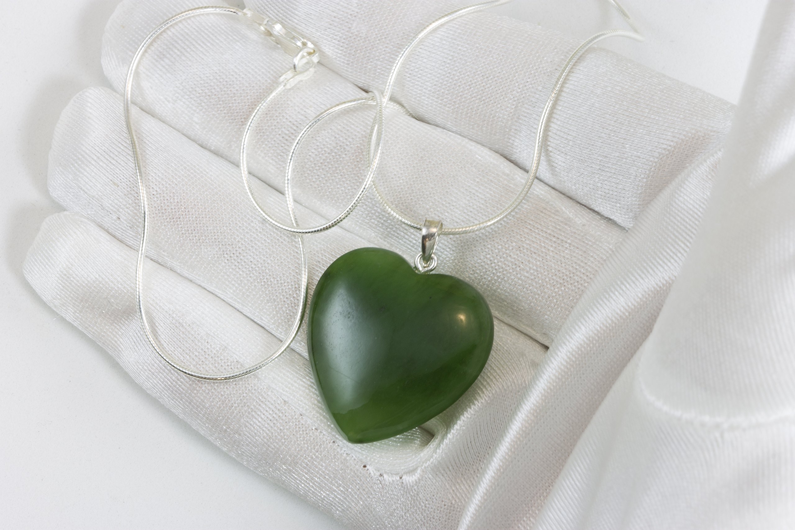 Sterling Silver Jade Necklace Green Nephrite Smooth Heart Pendant Large Simple Snake Silvertone Bail, 18"