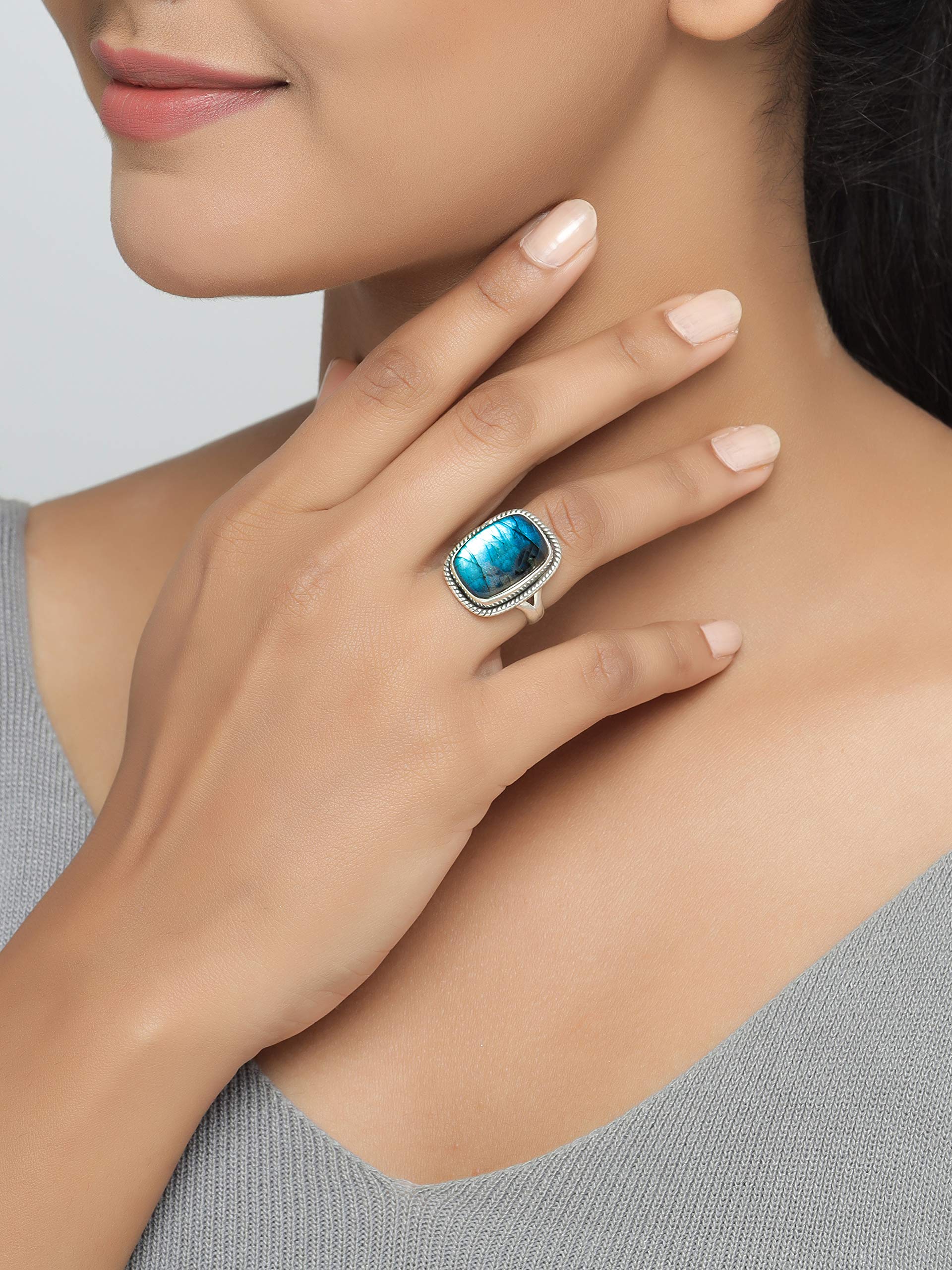 YoTreasure 13x18 MM Labradorite Chunky Ring .925 Sterling Silver Jewelry