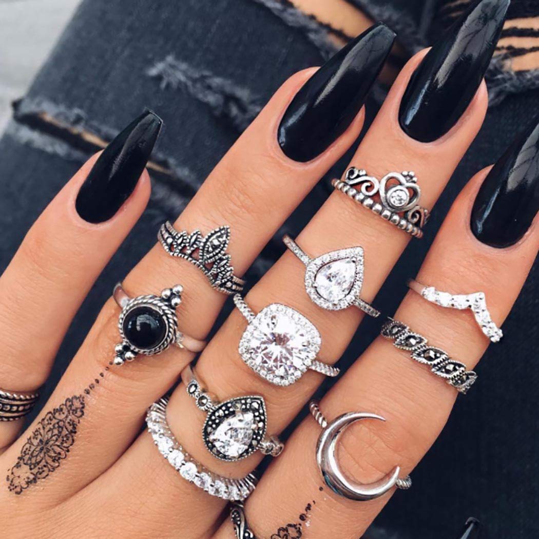 Woeoe 12 PCS Boho Knuckle Stacking Rings Silver Vintage Finger Rings Bling Crystals Moon Midi Rings for Women