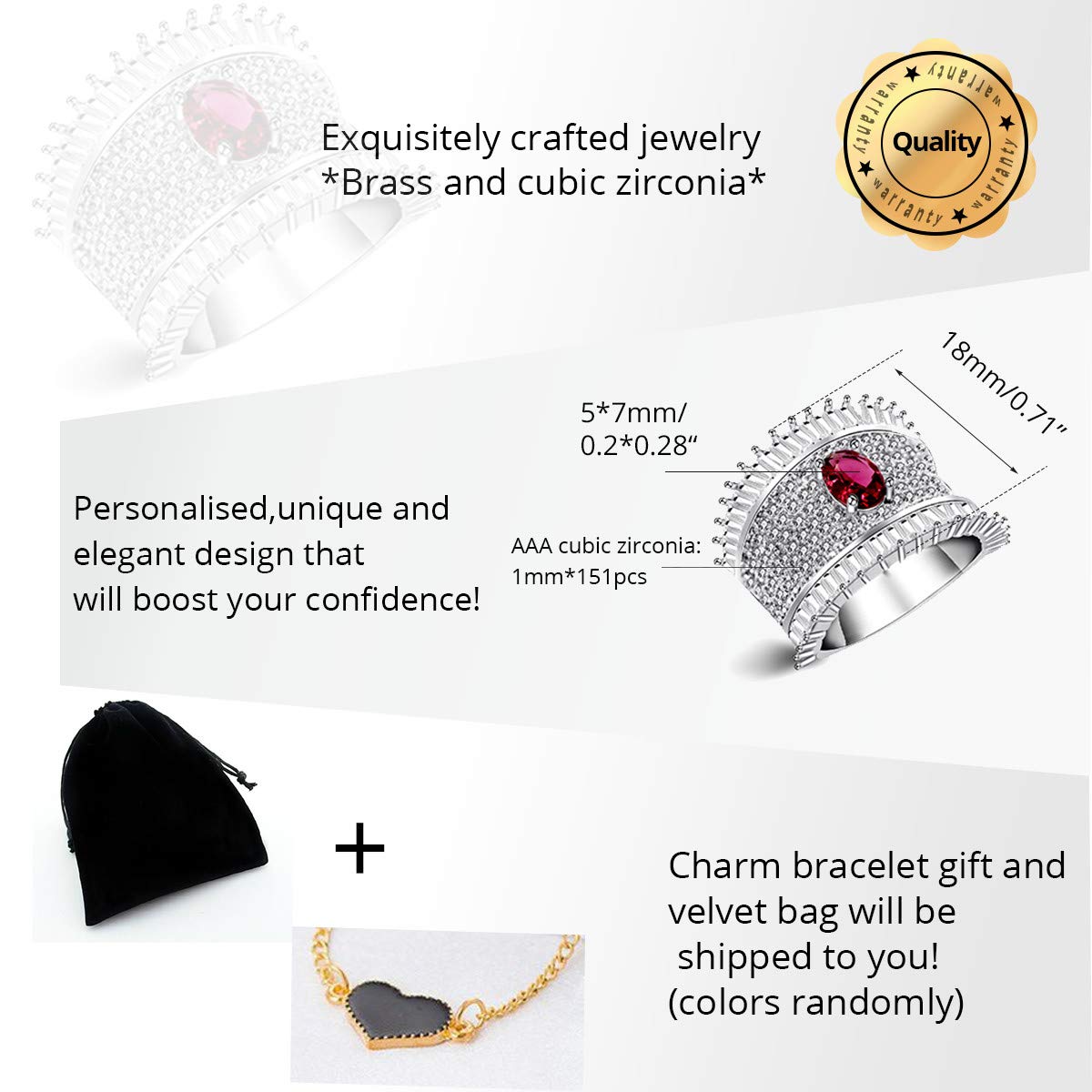 Uloveido Large Anniversary Red Eye Ring Pave Cubic Zirconia Rhodium Plated - Nice Christmas Gifts Present for Women JZ083 (Size 8)