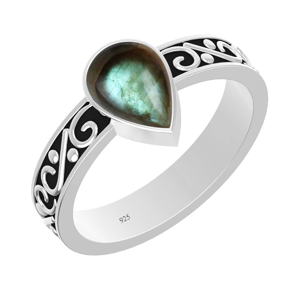 TISHAVI 1.25Cts Sterling Silver Genuine Natural Labradorite Ring For Women, Teardrop Labradorite Birthstone Ring Jewelry Gift For Women Mom Wife Girlfriend Sister