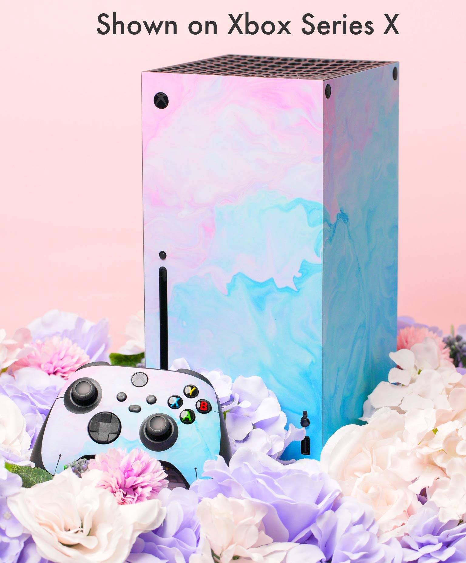 Watercolor Swirl Skin | Cute Pastel Vinyl Cover Wrap | Full Set Console 2 Controller Sticker | Compatible with Xbox (Series S, Pink Blue)