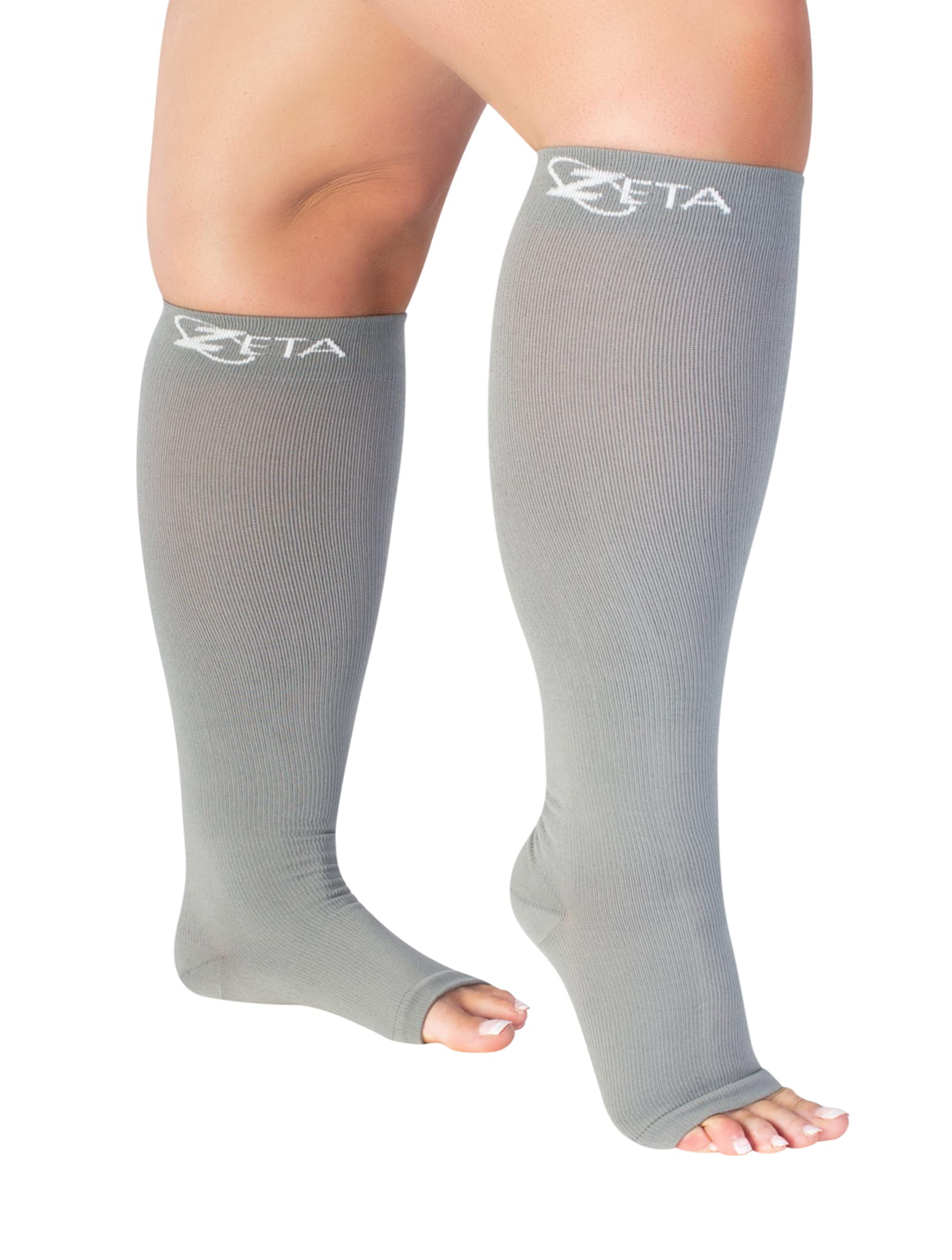 Zeta Wear Plus Size Open Toe Leg Sleeve Support Socks - Wide Calf Compression Open Toe Socks Men and Women Amazing Fit, Travel, Flight Socks, Compression & Soothing Relief, 1 Pair, Size 3XL, Gray