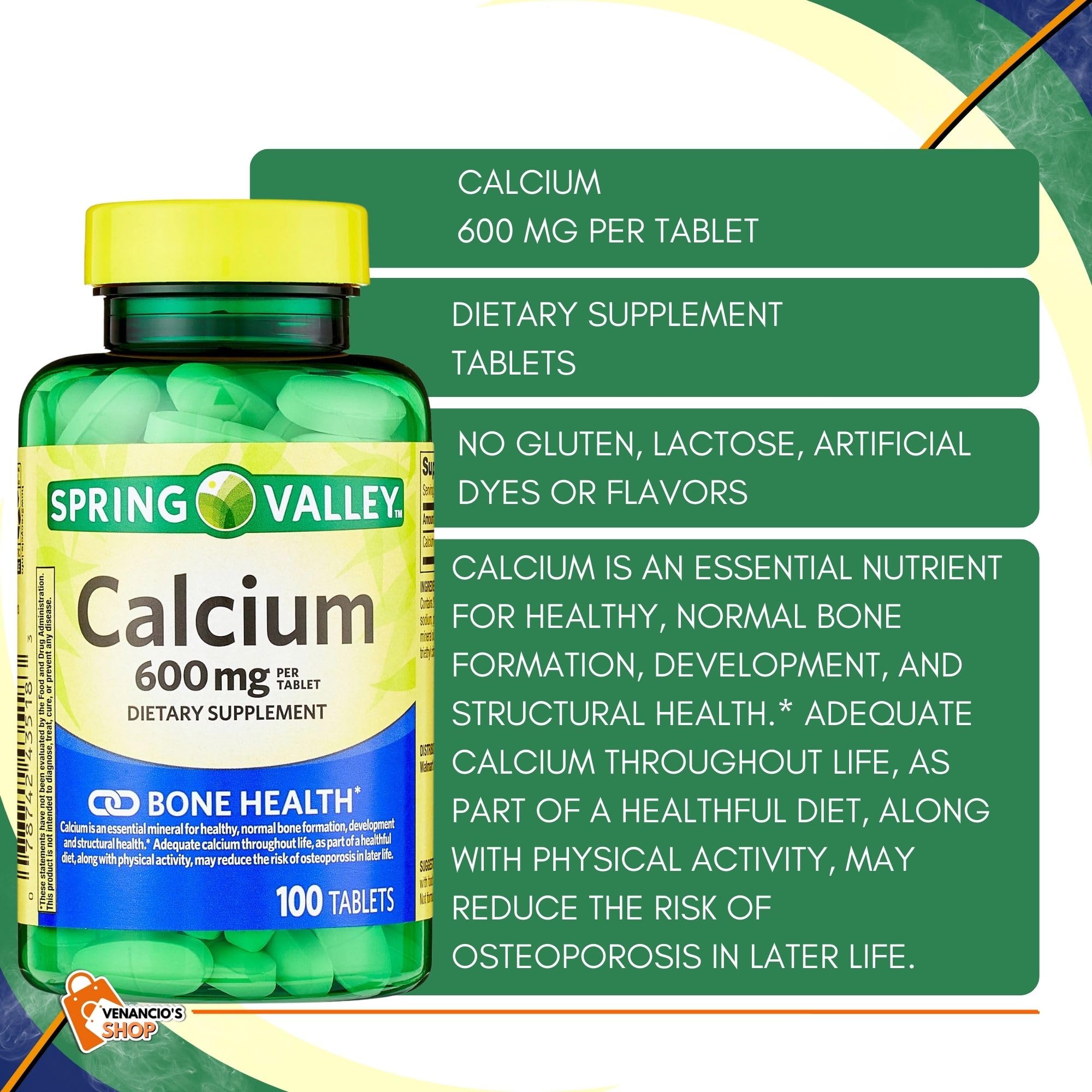 Spring Valley Calcium 600 mg 100 Tablets, Dietary Supplement, Bone Health Calcium + Includes Venancio’sFridge Sticker (Pack of 1)