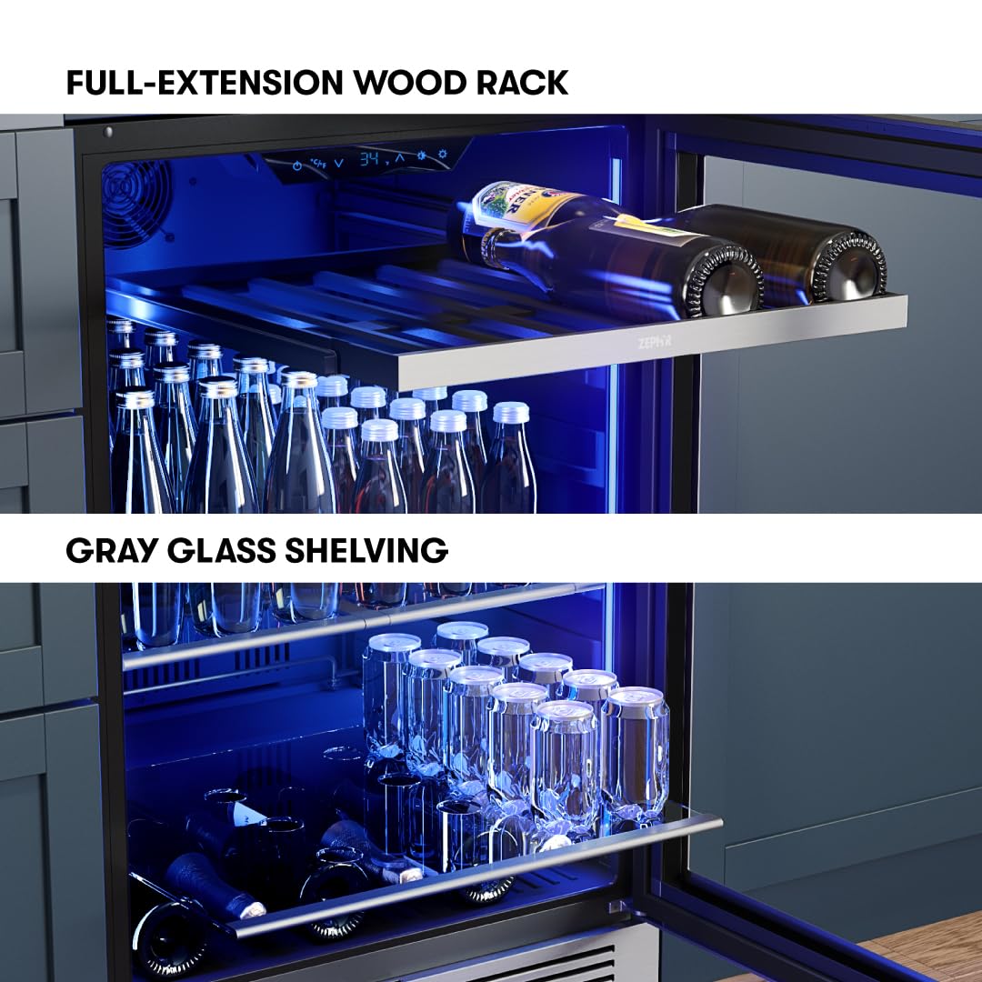 Zephyr 24" Wine Fridge & Beverage Refrigerator Single Zone Under Counter - Mini Wine Cooler Cellars Small Beer Fridge Cabinet Drink Chiller Freestanding Wine Beverage Cooler, 7 bottles,112 cans