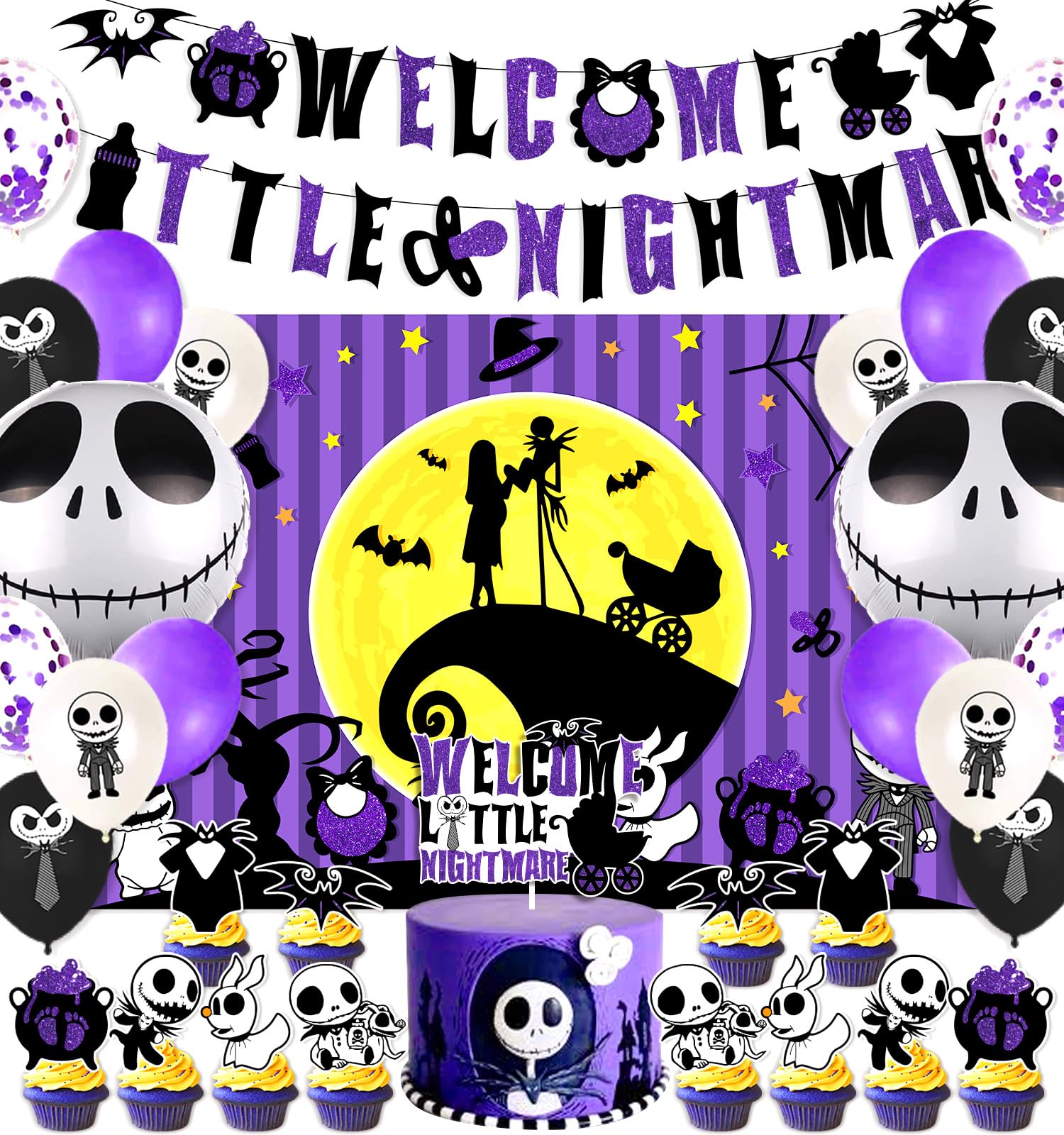 Welcome Little Nightmare Baby Shower Halloween Decorations,Nightmare Before Birthday Party Decorations Includes Banner,Backdrop,Balloons,Nightmare Cake Topper and Cupcake Toppers