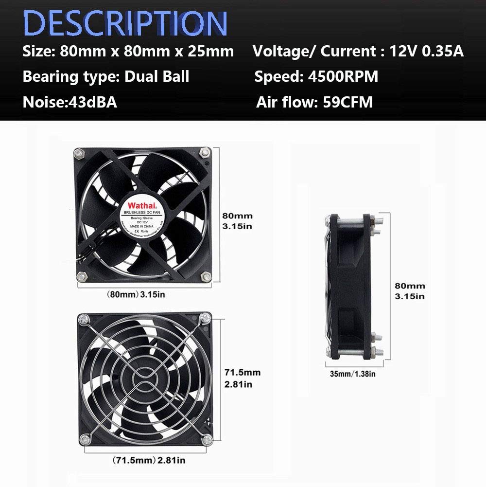 Wathai 80mm x 25mm DC Brushless Case Cooling Fan 12V 0.35A Ball Bearing 4500RPM High Speed