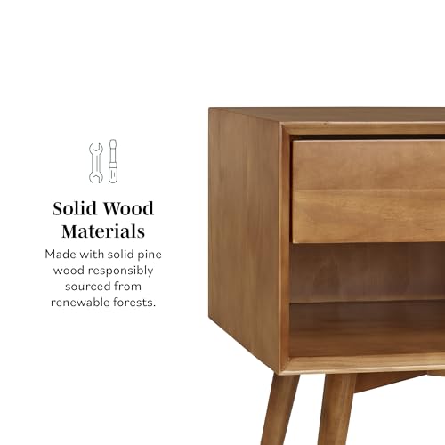 Walker Edison Mid Century Modern Wood Nightstand Side Table Bedroom Storage Drawer and Shelf Bedside End Table, 1 Drawer, Caramel