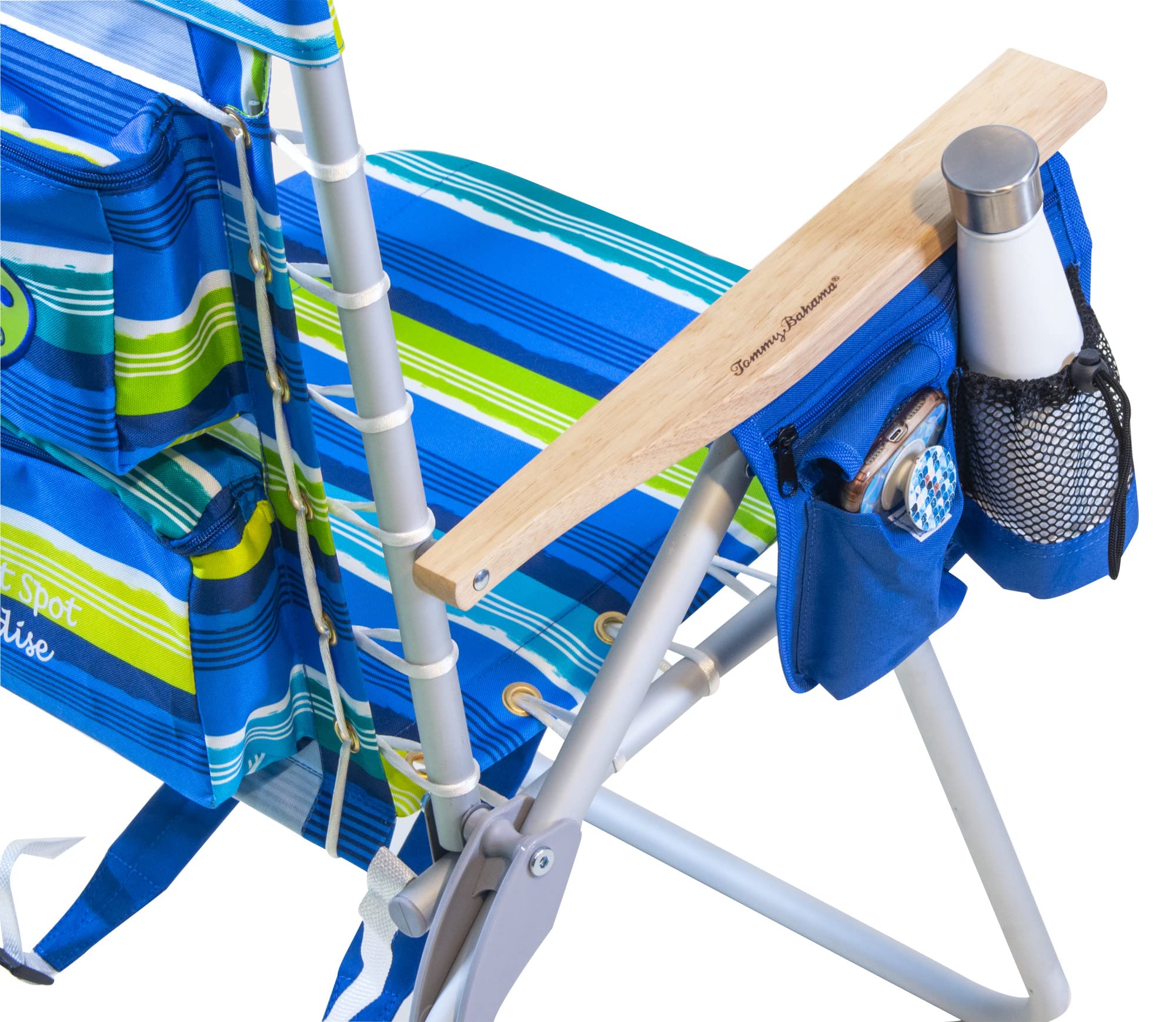Tommy Bahama Hi-Boy 17" Seat Height 4-Position Lace-Up Suspension Folding Beach Backpack Chair, 1-Pack, Green and Blue Stripe