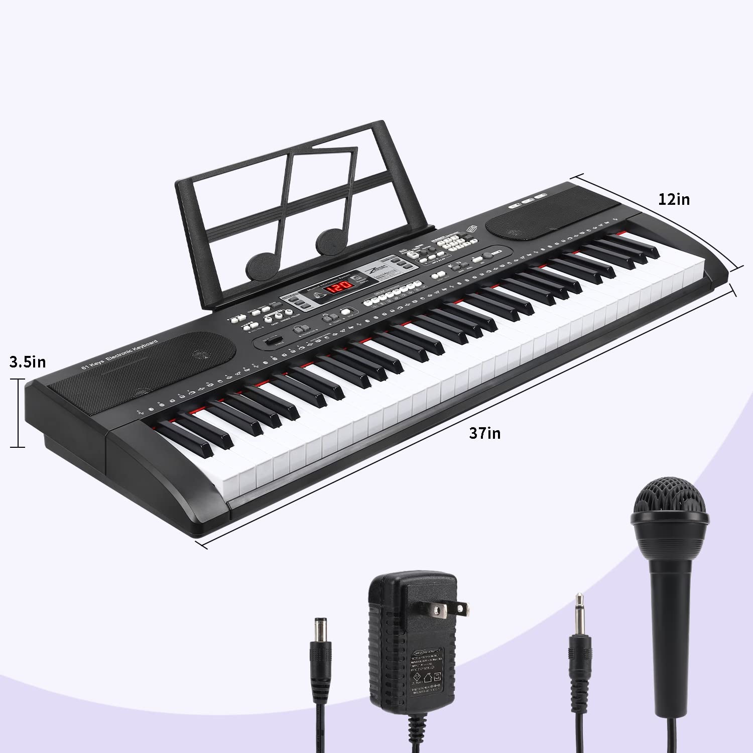 ZHRUNS Electric Keyboard Piano 61-Key, Multifunctional Musical Piano Keyboard Portable with Headphone Jack & Microphone,USB MP3 Play, Dual Power Supply,Music Sheet Stand for Beginners/Adults