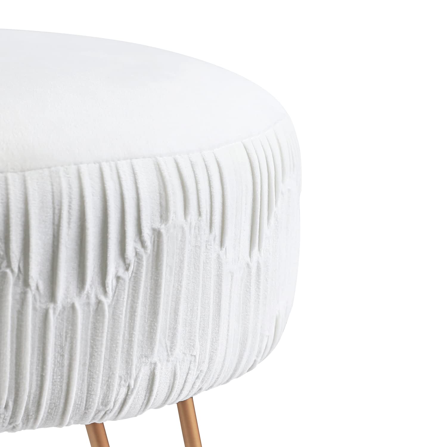 TOUCH-RICH Stripe Velvet Vanity Chair Round Ottoman,Upholstered Vanity Makeup Footstool Side Table Dressing Chair with Golden Metal Legs (White, Round-Normal)