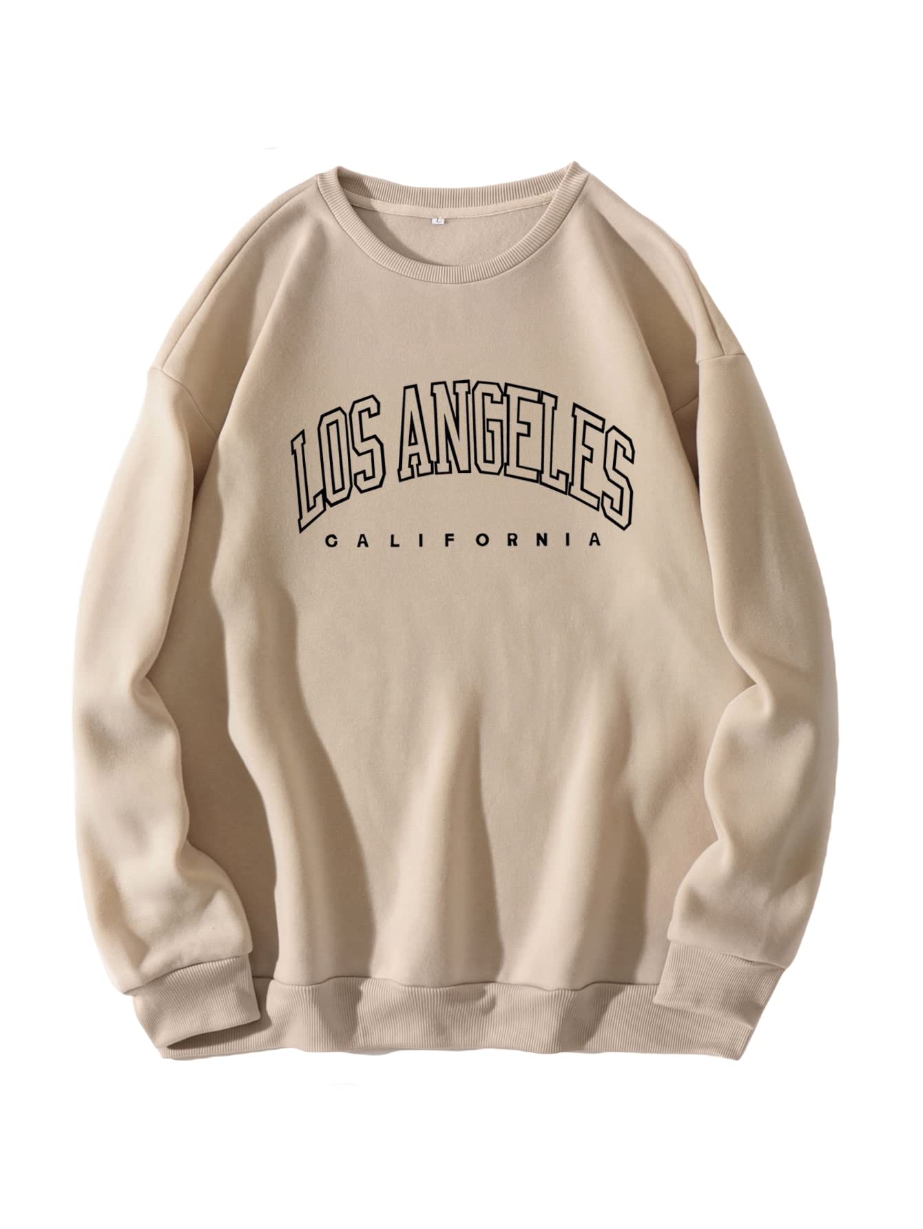 WDIRARA Men's Letter Graphic Round Neck Long Sleeve Sweatshirt Casual Tops Khaki Los Angeles L