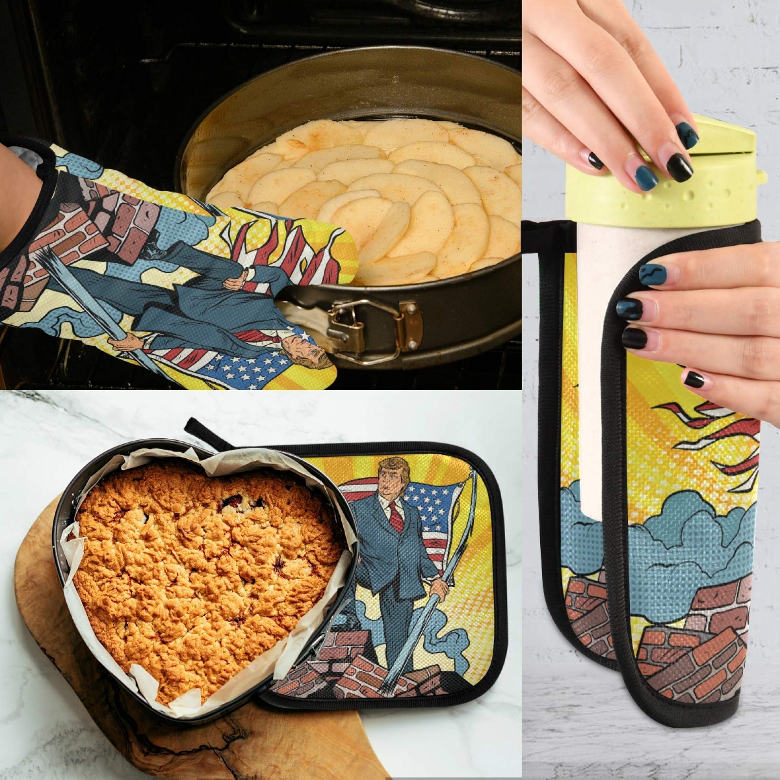Trump Oven Mitts and Pot Holders Sets Heat Resistant Hot Pads USA Flag Cooking Gloves Handling Kitchen Cookware Bakeware BBQ