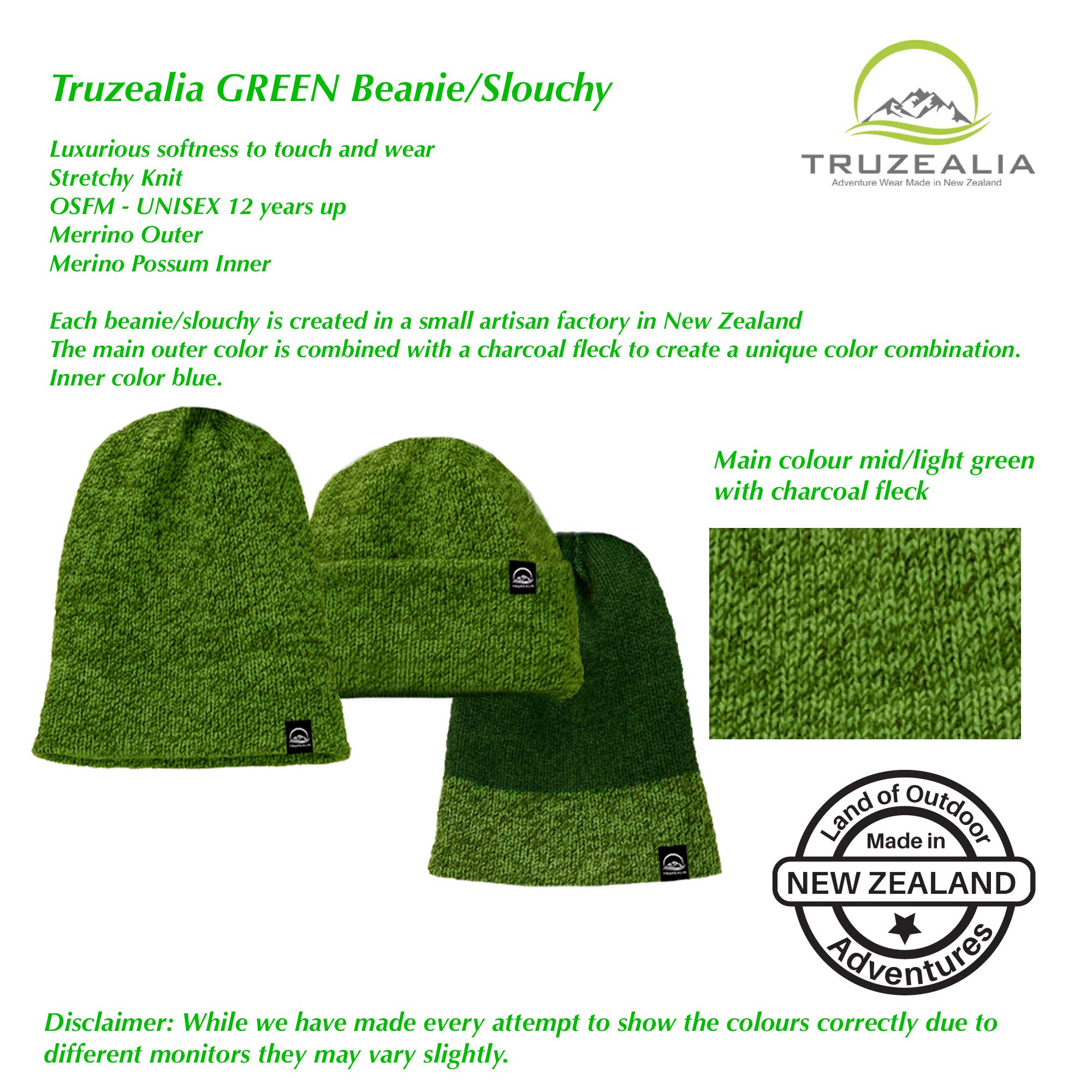 Truzealia Unisex Outdoor Merino Possum Lined Beanie, One Size, Green