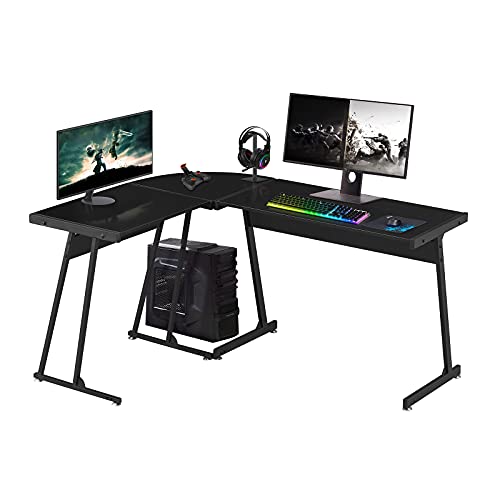 Symylife Gaming L Shaped Desk Computer Corner Desk,57.8" Home Office Gaming Desk,Office Writin Study Workstation with Metal Frame, Space-Saving, Black