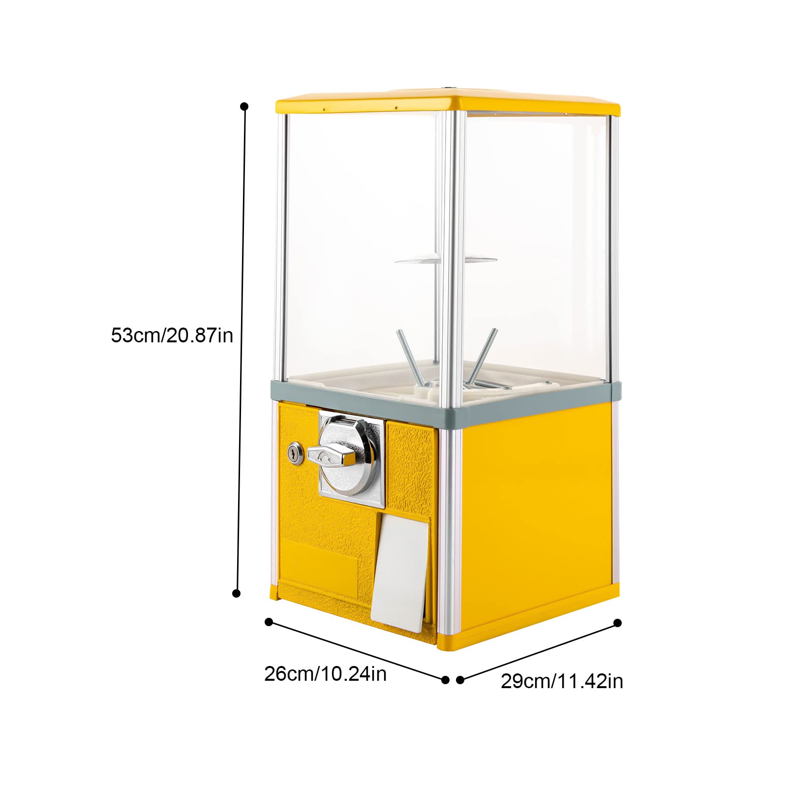 Yellow Vending Machine with Lock, Candy Gumball Machine, Large exit with Baffle, Suitable for 1.77-1.97 inches of Capsule, for Retail Stores, Game Stores, Park