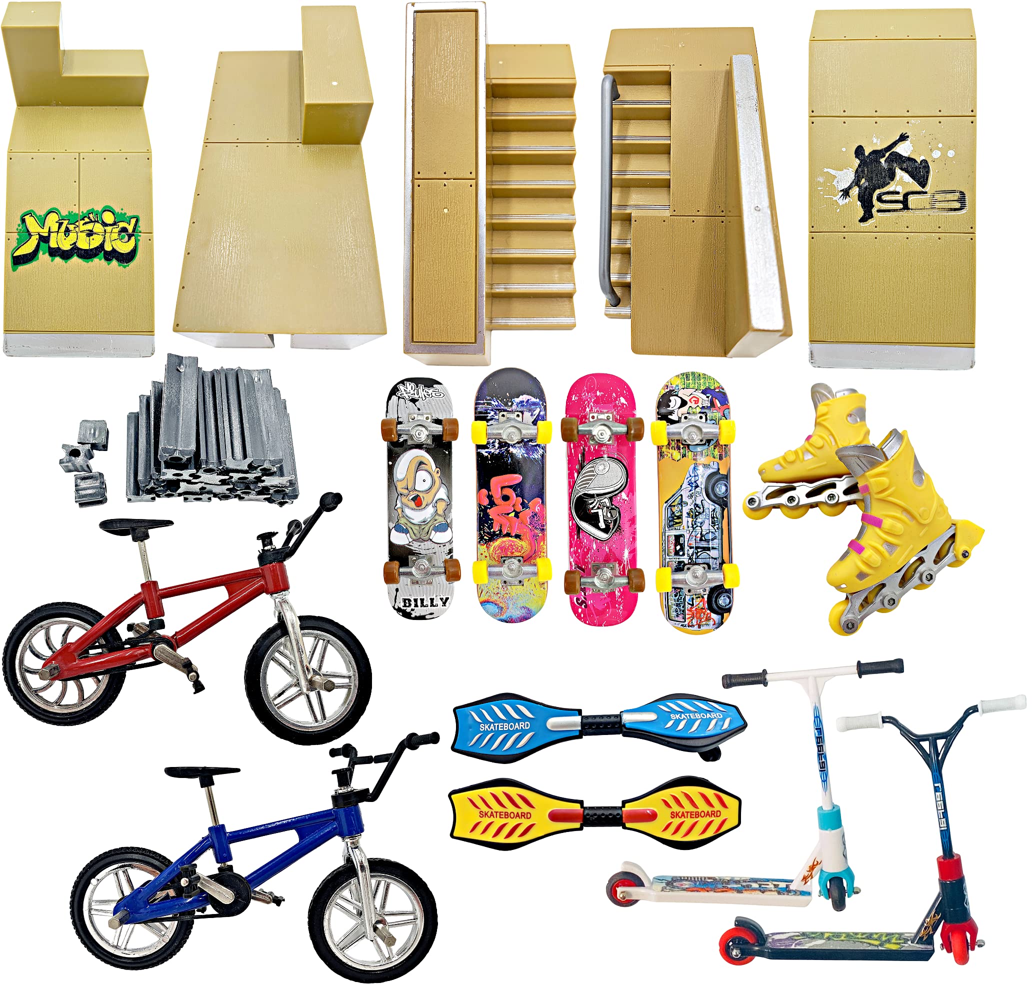 STASHABLES Finger Skateboard Ramp Set β Finger Skatepark Kit 16 Pieces β Skate Park Kit Including Skateboards, Ramps, Scooters, Skates, Bikes and Caster Boards β Fingerboard Skate Set