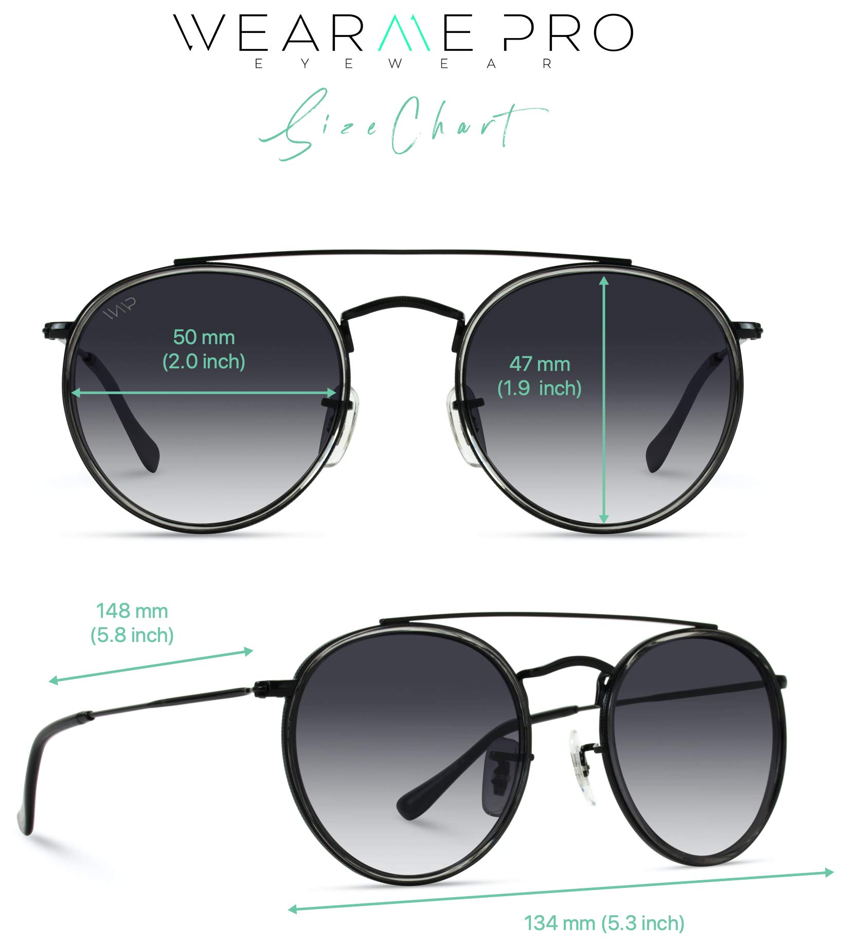 WearMe Pro - Round Double Bridge Polarized Modern Retro Sunglasses (Black Frame/Black Lens, 53)
