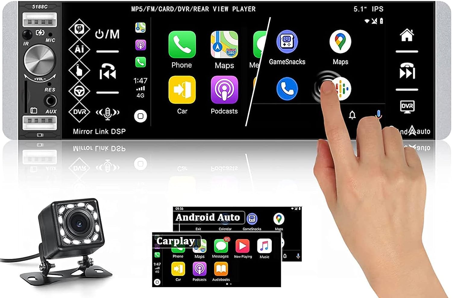 Single Din Car Stereo with Apple Carplay Android Auto, 5.1 Inch Touch Screen MP5 Player with Bluetooth Handsfree/FM/3 USB/TF/AUX-in/Fast Charging + Rear View Camera&Remote Control