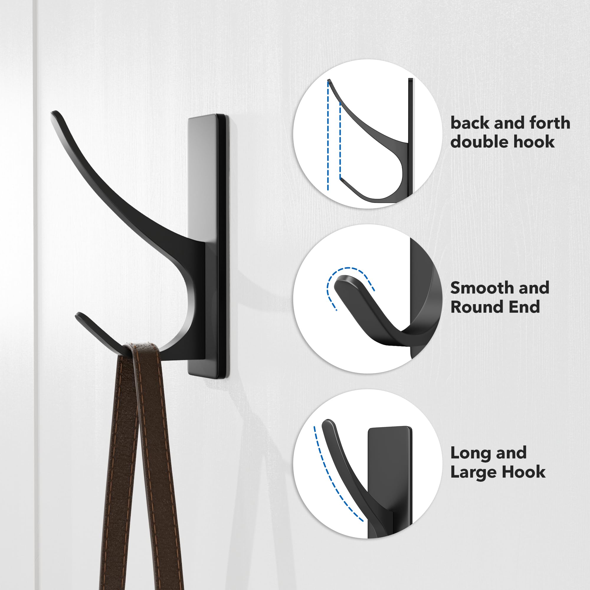Self Adhesive Coat Hooks for Hanging: Heavy Duty Stainless Double Wall Hook for Towel, Backpack, Hat, Sturdy Metal Hanger for Bathroom, Bedroom, Door, Wall Mounted, 4-Pack, Matt Black