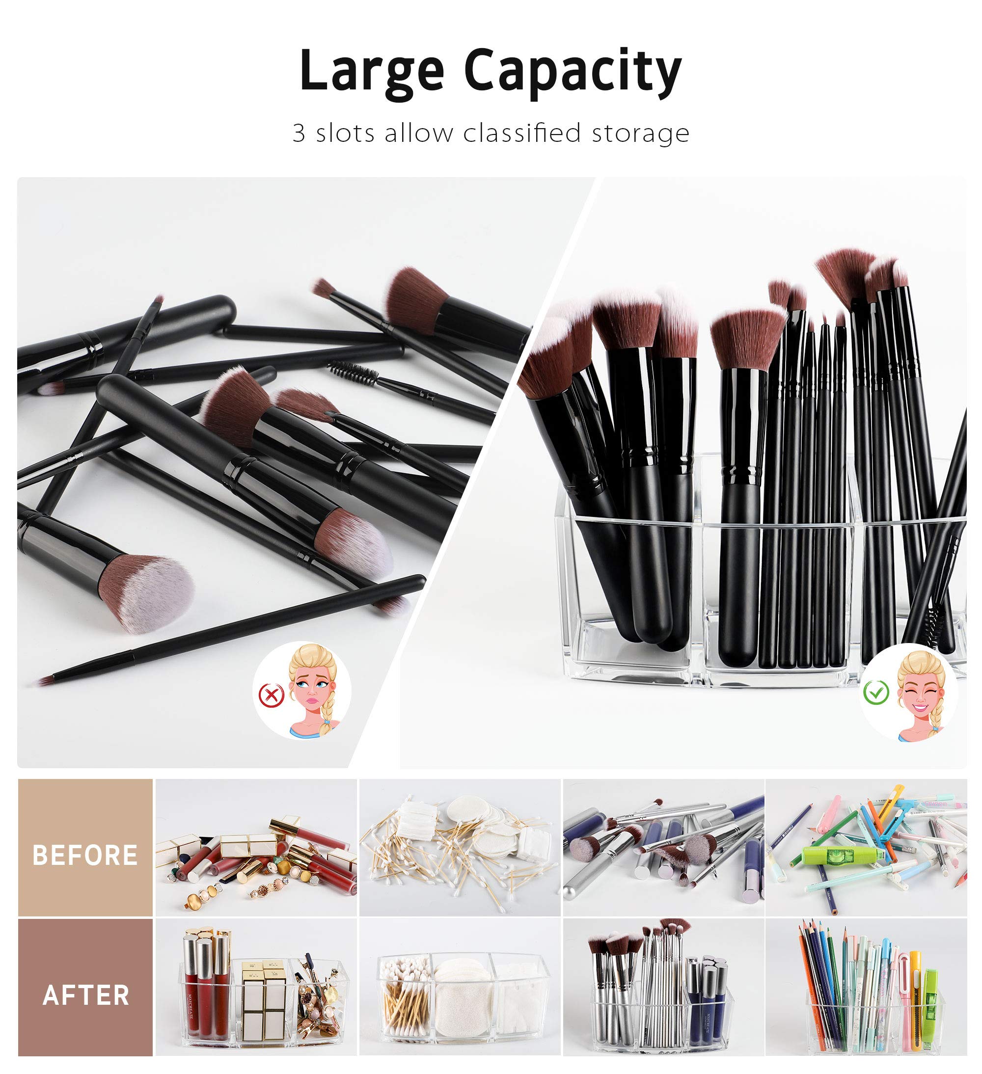 Syntus Makeup Brush Holder Organizer, Acrylic 3 Slot Large Capacity Cosmetic Brushes Storage Box, Clear