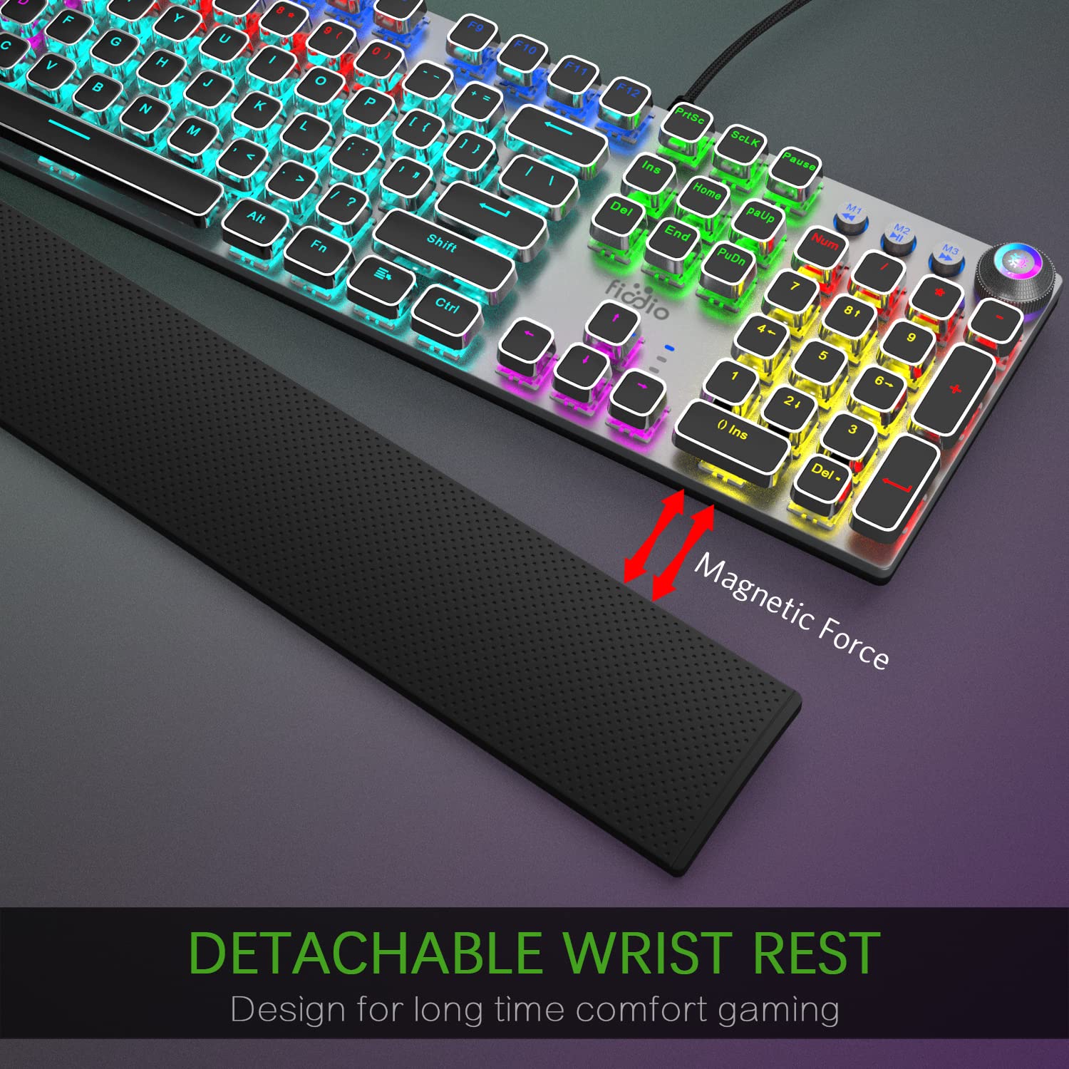 TEWELL Mechanical Gaming Keyboard, Rainbow LED Backlit Typewriter Keyboards with Removable Hand Rest, 104 Anti-ghosting Keys, Quick-Responsible Black Switches for PC, Laptop, Computer